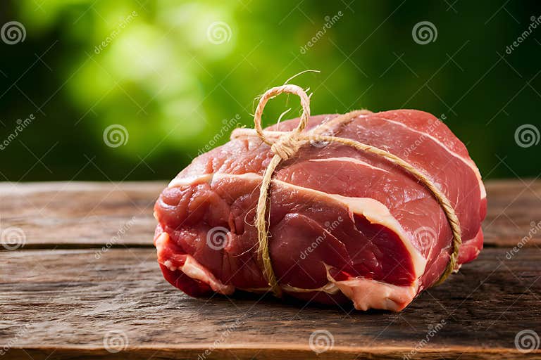 Raw Meat on Rustic Wood with String, Ready for Cooking, Fresh Quality ...