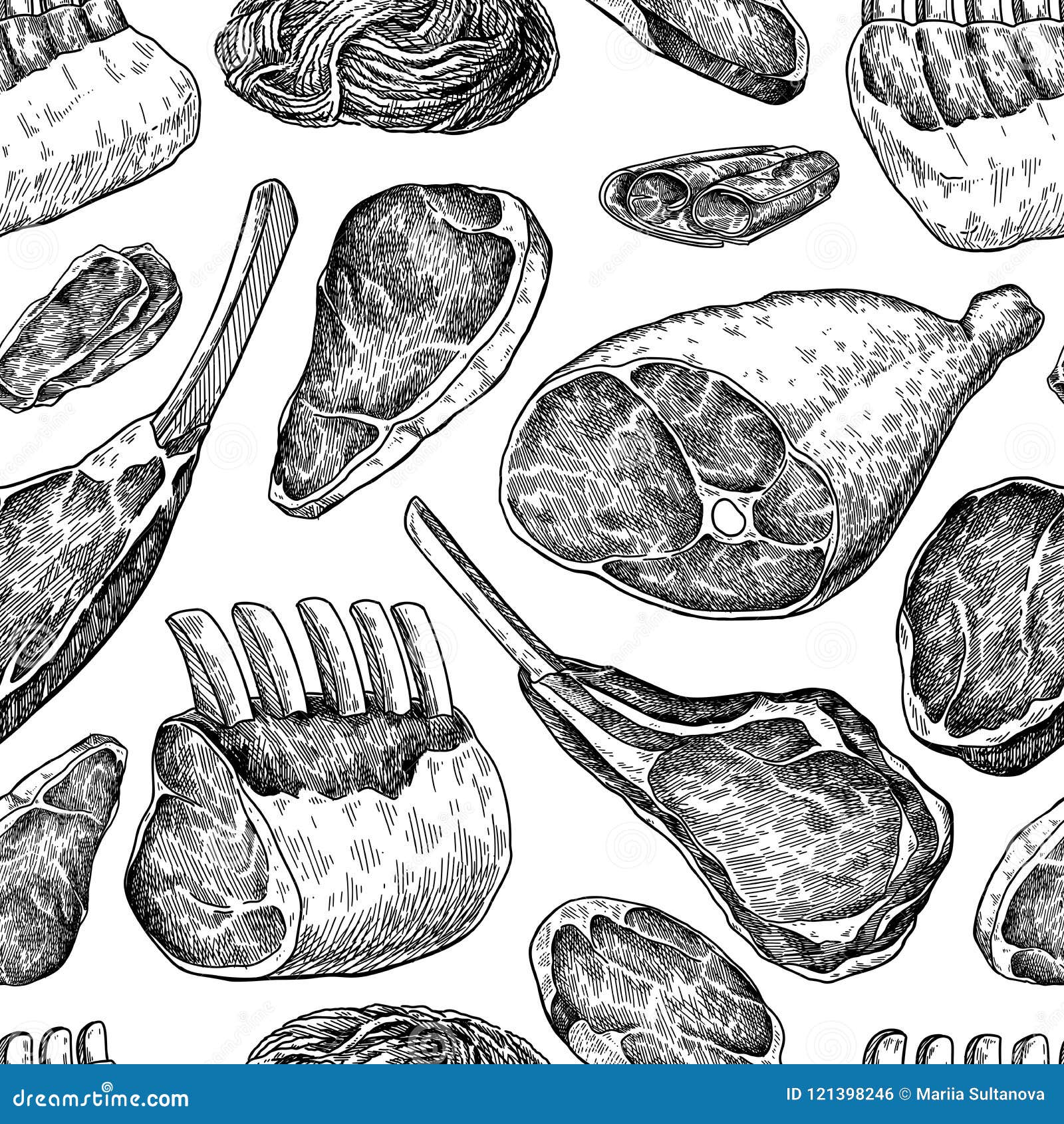 Raw Meat Seamless Pattern Vector Drawing Stock Vector Illustration