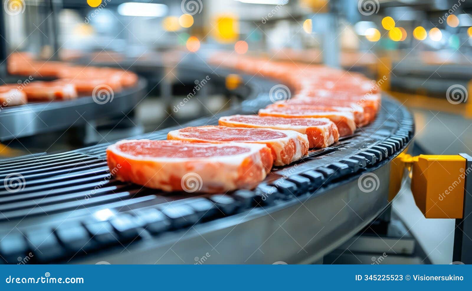 Raw Meat Steaks Moving on a Conveyor Belt in a Food Processing Plant ...