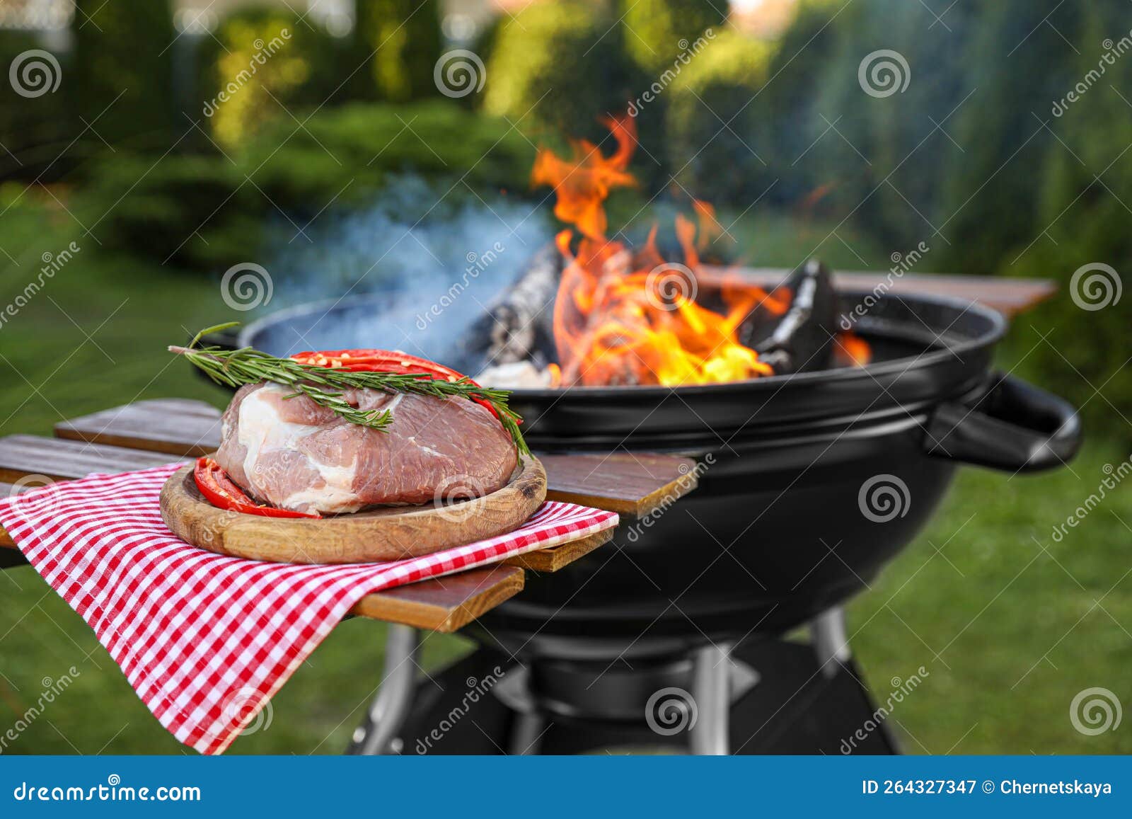 Raw Meat on Table Near Barbecue Grill Outdoors Stock Image - Image of ...