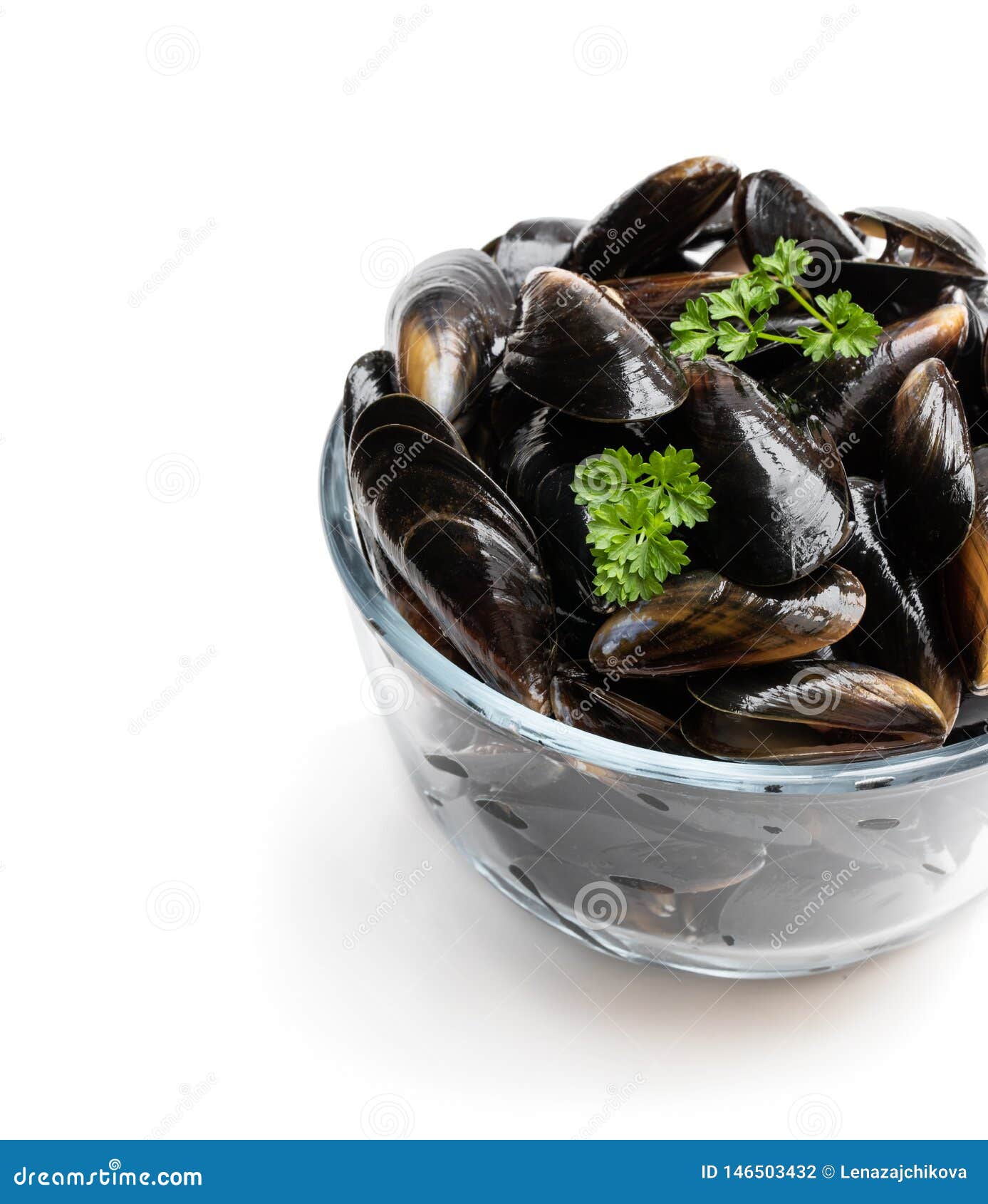 Raw Mussels in Glass Bowl Isolated on White Stock Photo - Image of ...