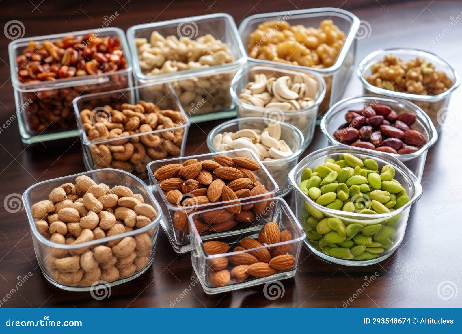 Raw Nuts Portioned Out In Small Containers On A Table Royalty-Free ...