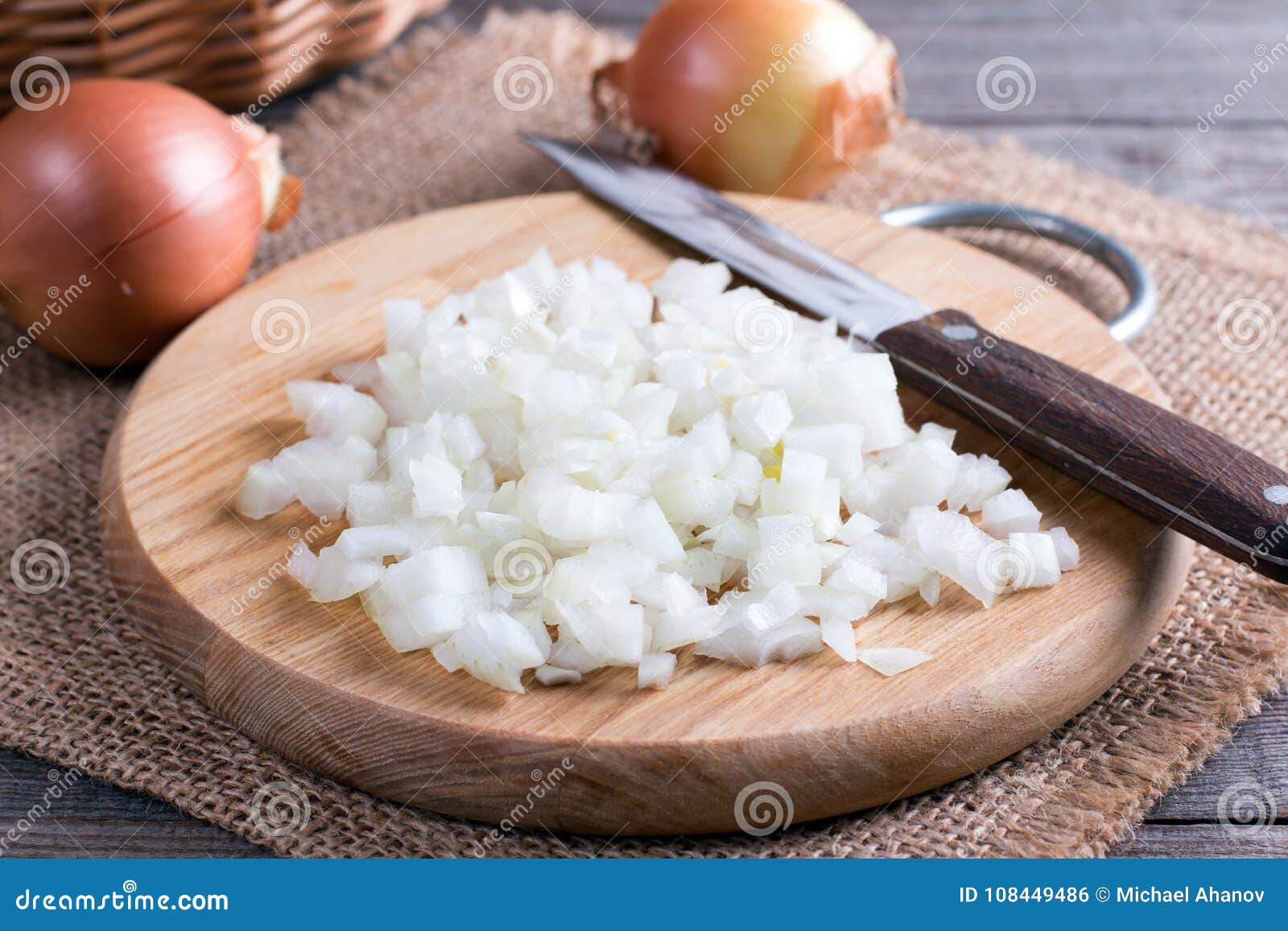 Raw Onion, Chopped Cubes on a Wooden Board Stock Photo - Image of ...