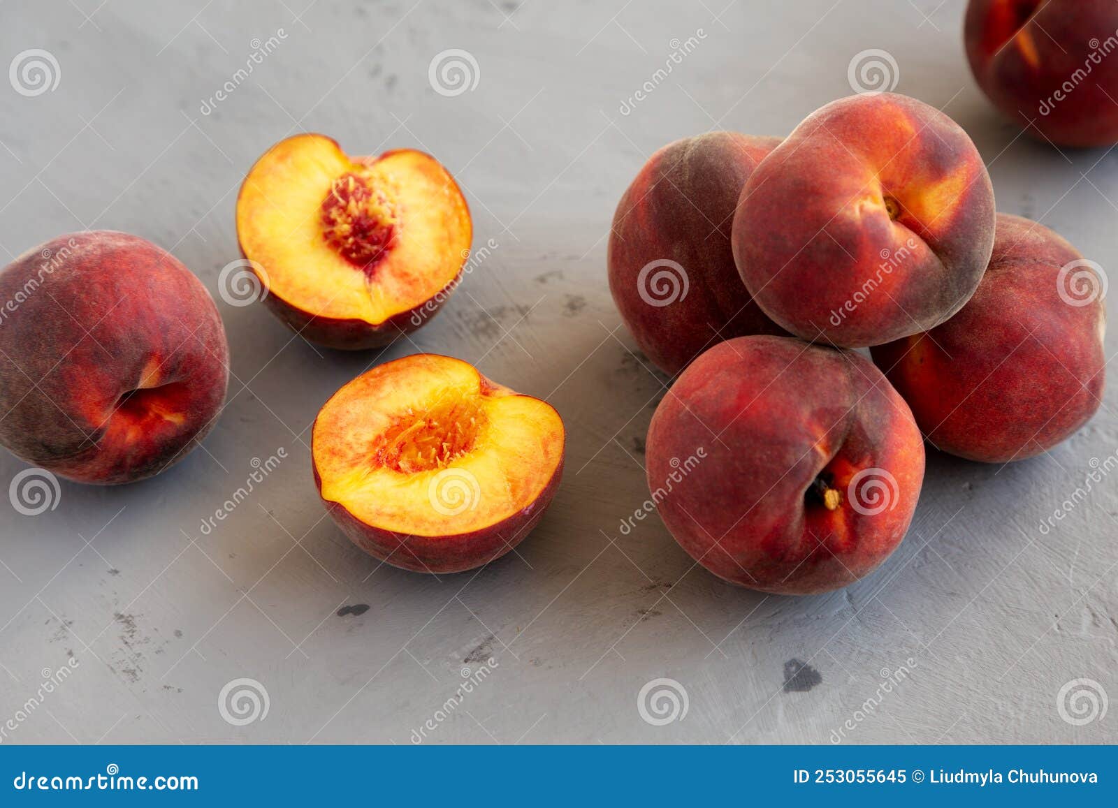 Raw Organic Yellow Peaches on a Gray Background, Side View Stock Image ...
