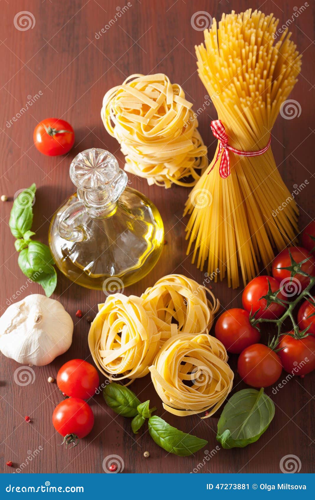 Raw Pasta Olive Oil Tomatoes. Italian Cooking in Rustic Kitchen Stock ...