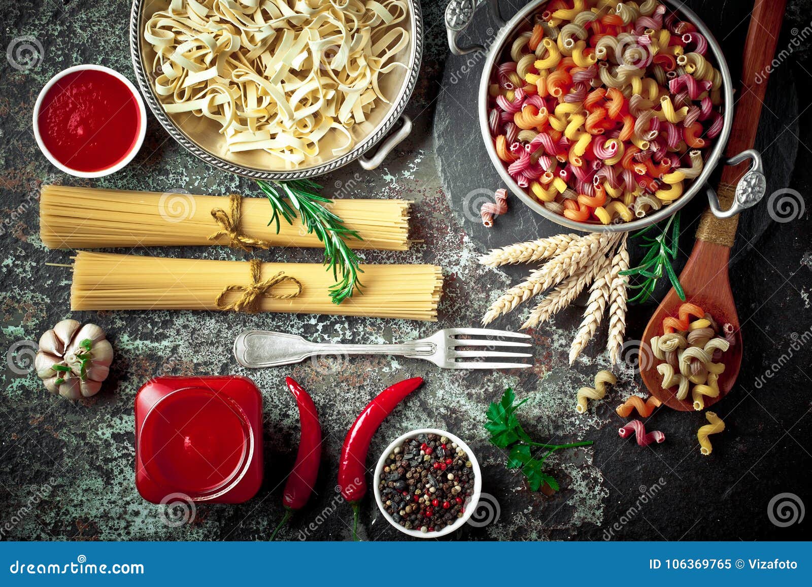 Pasta in the Composition on the Table Stock Image - Image of black ...