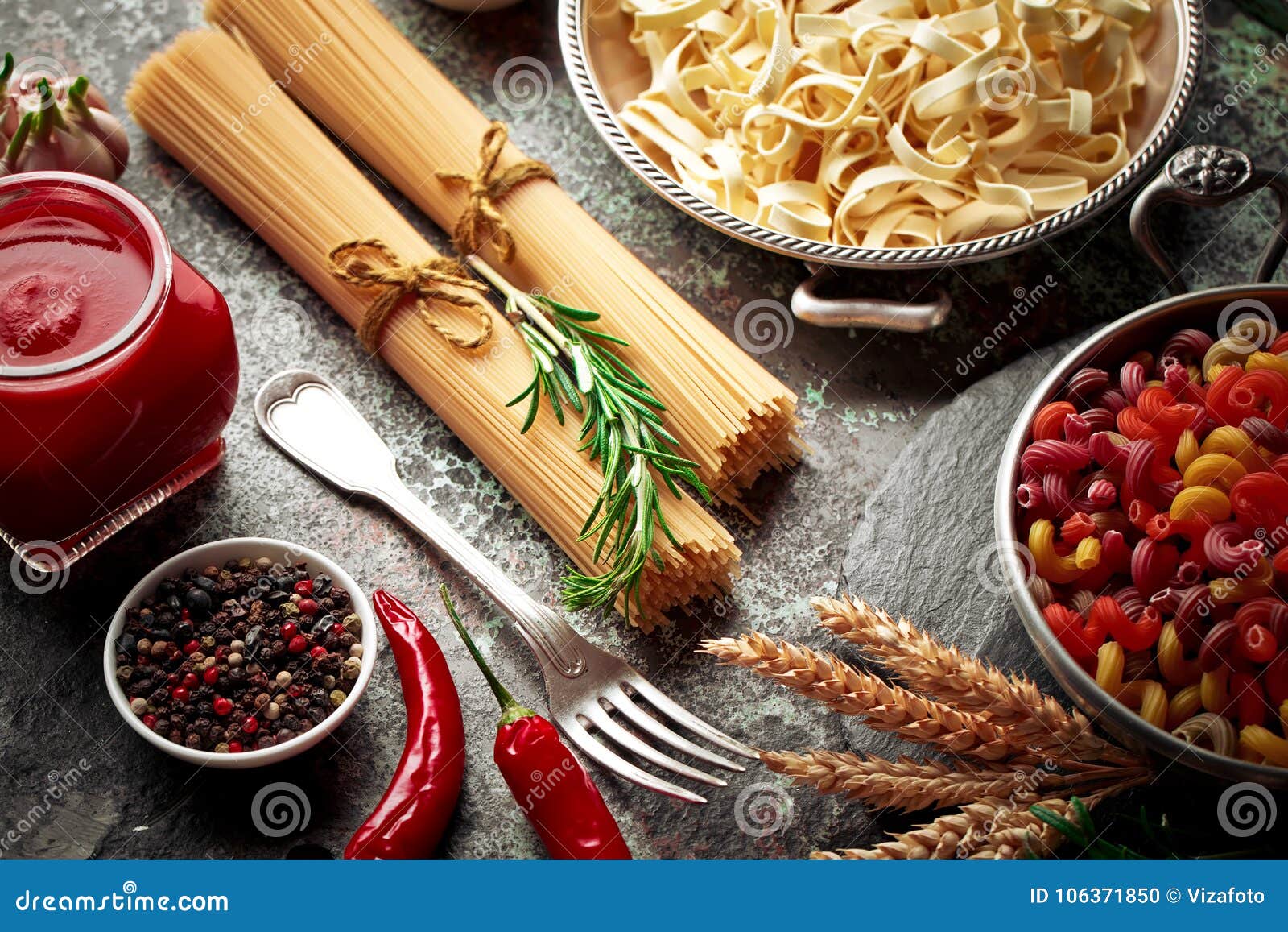 Pasta in the Composition on the Table Stock Photo - Image of corkscrew ...
