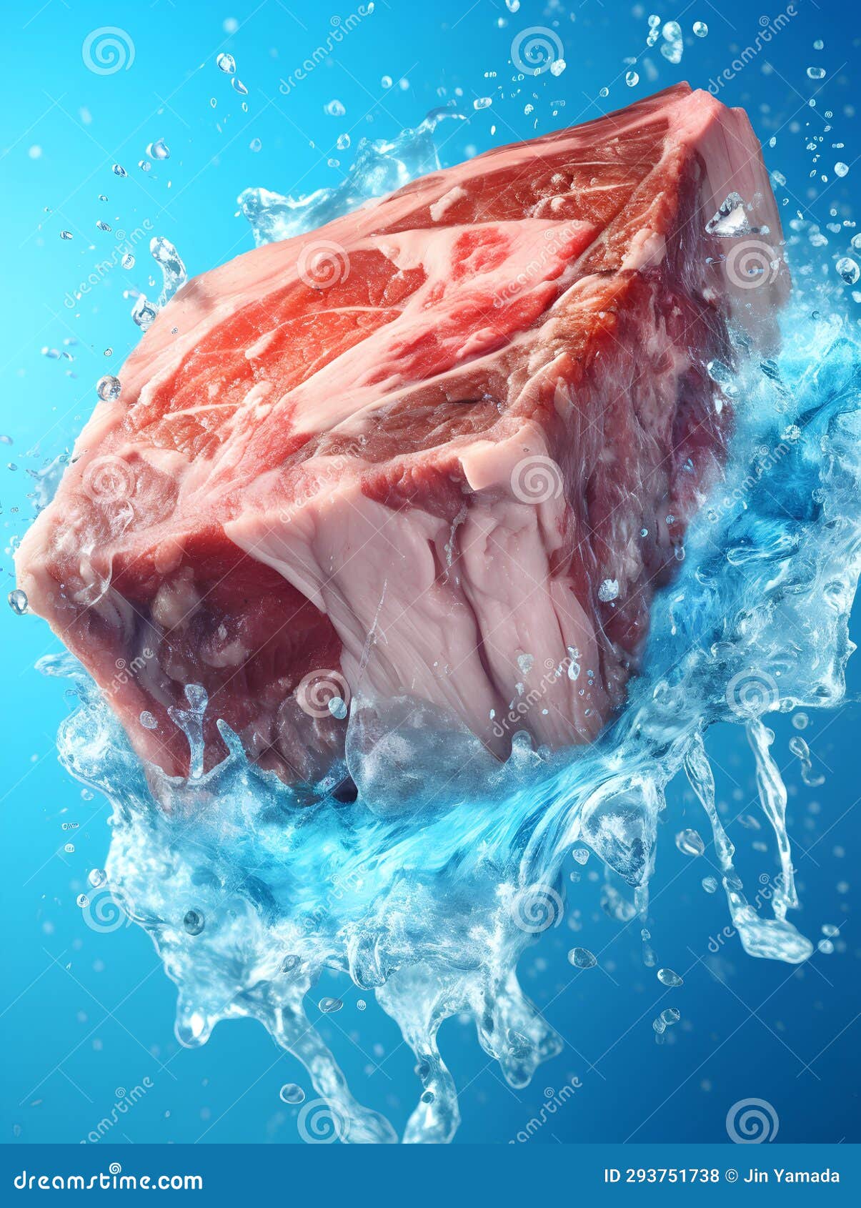 Raw Piece of Meat in Water Splash on Blue Background. 3d Rendering ...