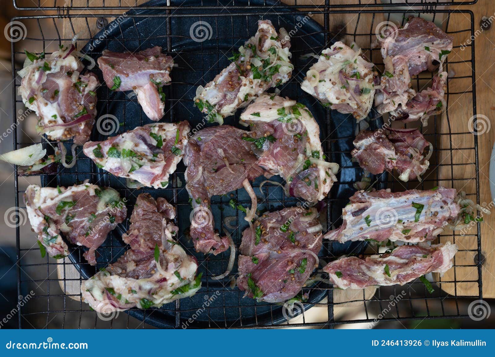 Raw Mutton Meat on a Grill with Onions Stock Photo - Image of fresh ...