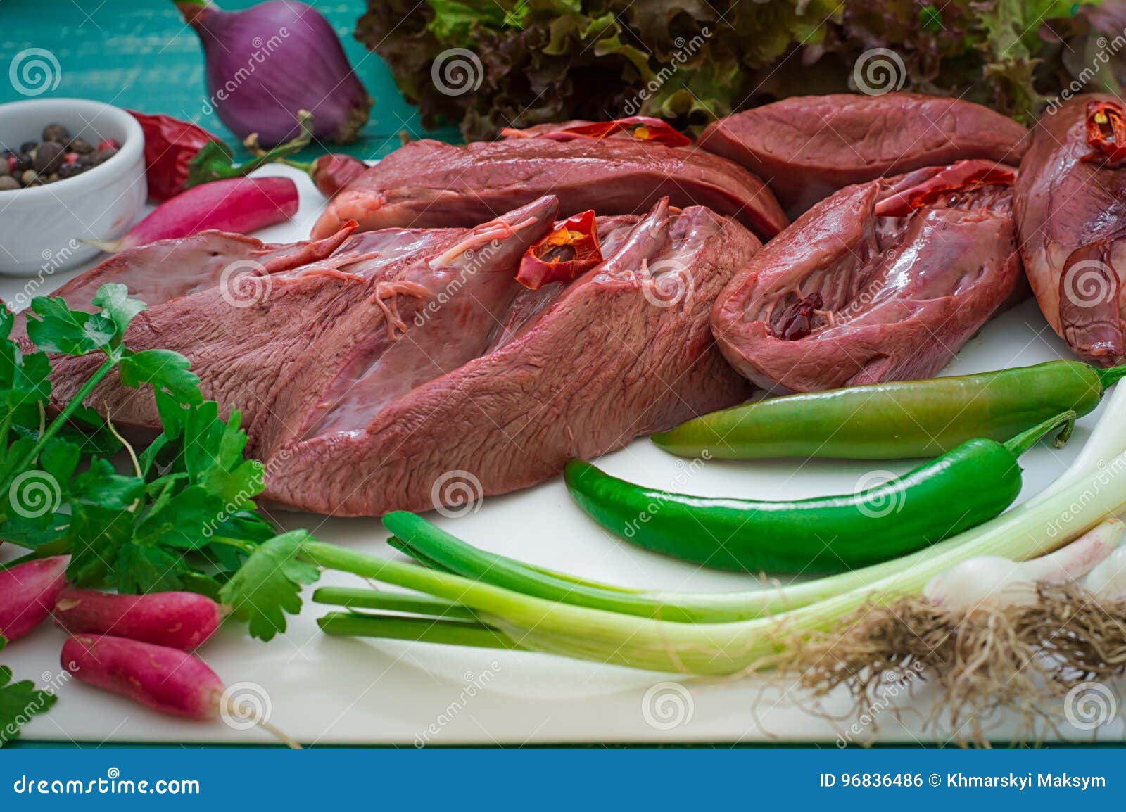 Raw Pig Hearts and Spices. White Background. Top View. Close-up Stock ...