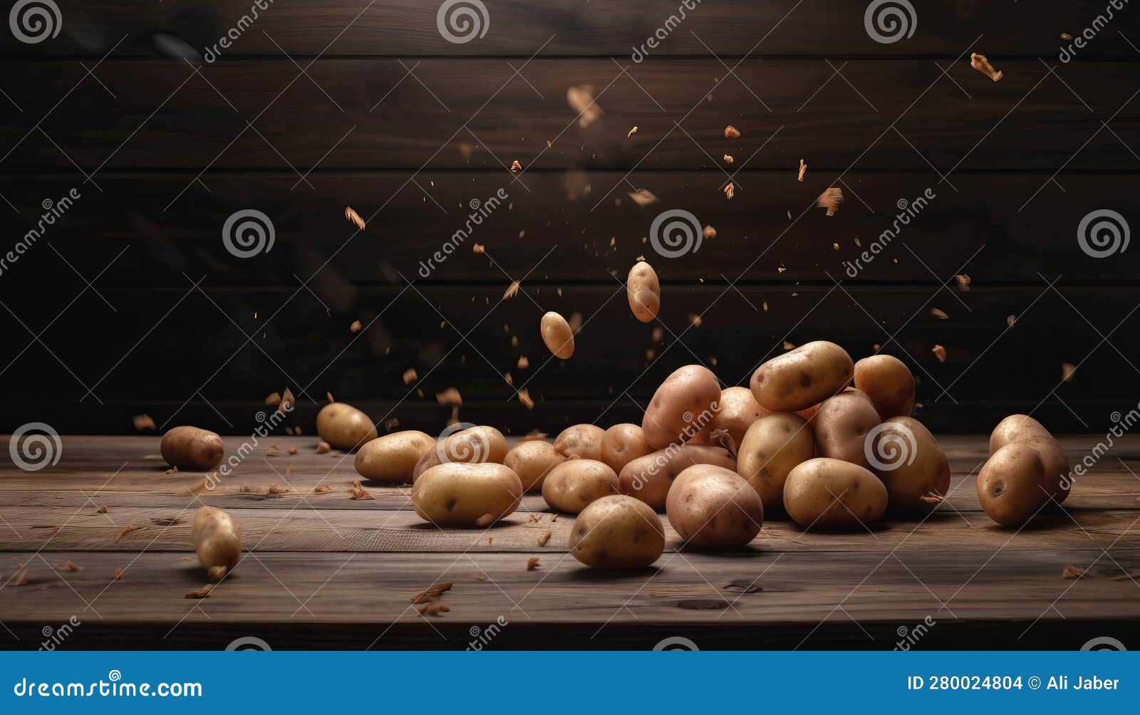 A Raw Pile of Potatoes Falling on a Wooden Table Ai, Ai Generative ...