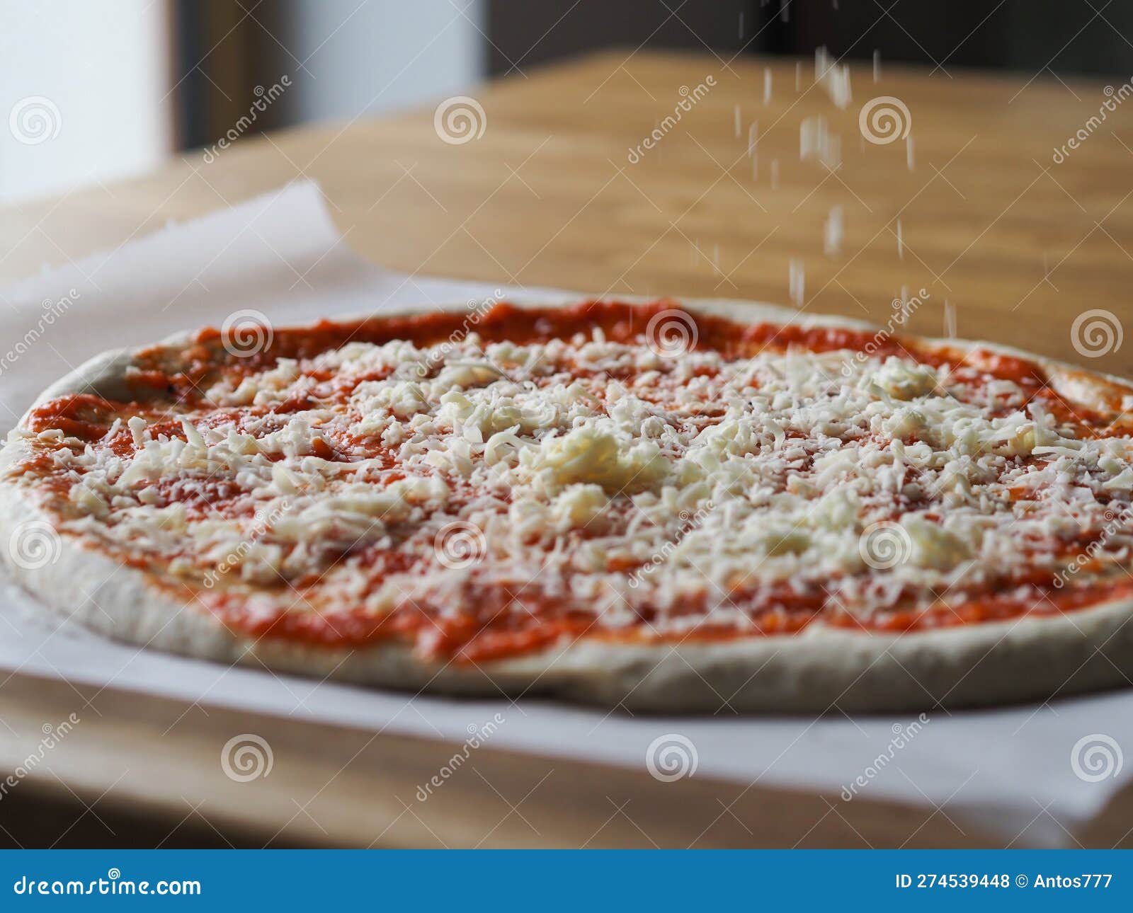 Raw Pizza Dough. Adding Cheese Stock Photo - Image of fresh, meal ...