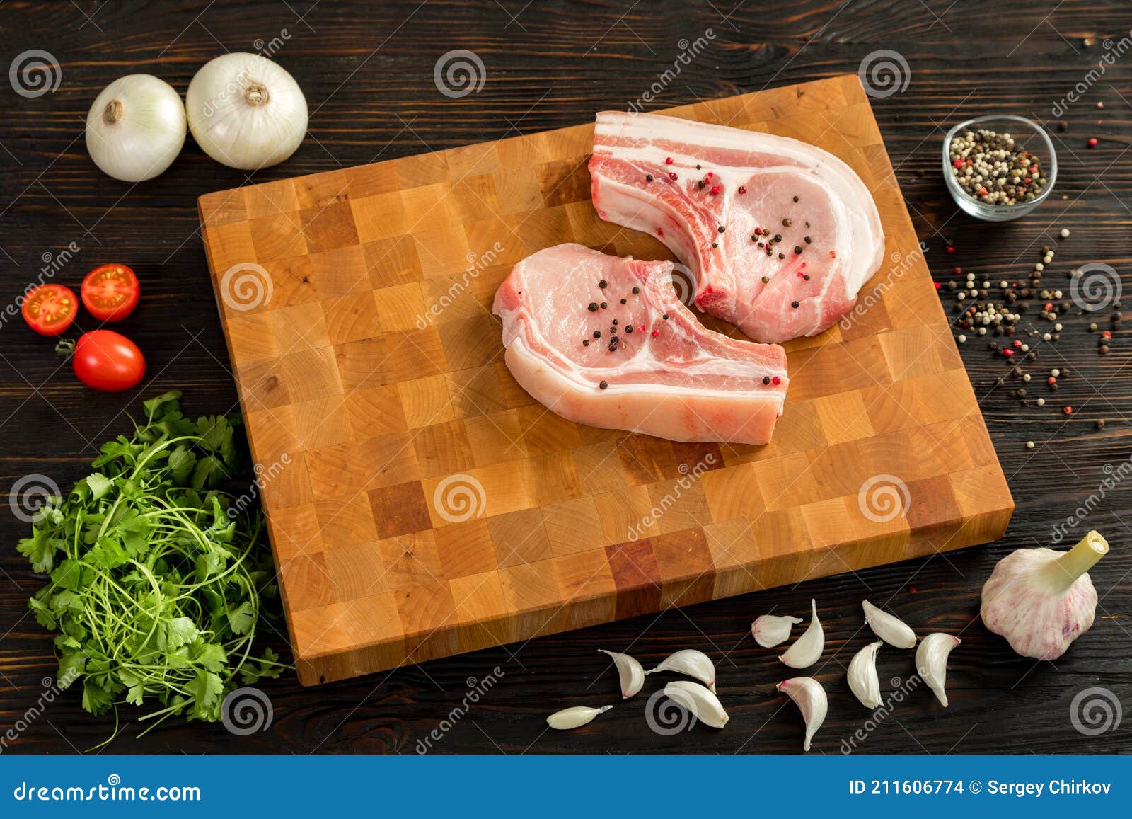 Raw Pork Entrecote on a Board for Serving Stock Photo - Image of strip ...