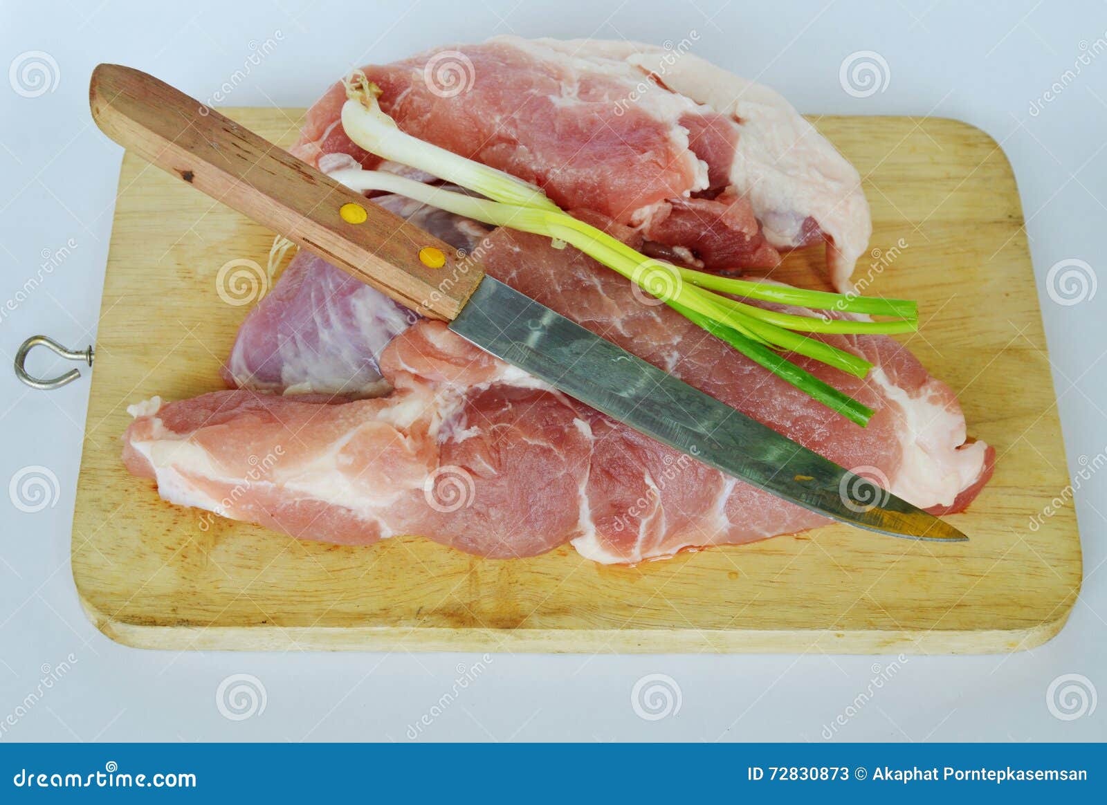 Raw Pork and Kitchen Knife on Wooden Chop Block Stock Image - Image of ...