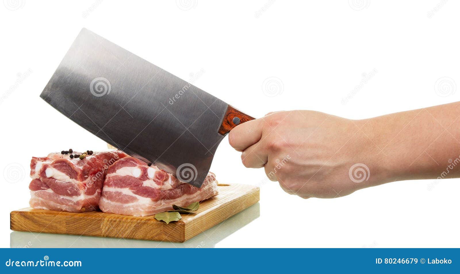 Raw Pork Meat, Cutting Board, Human Hand Holding Cutter Isolated. Stock ...