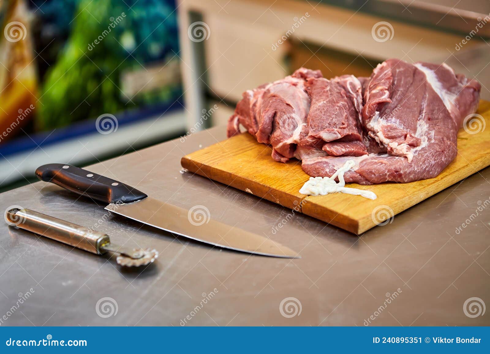 Raw Pork Meat on Wooden Board in Kitchen Stock Image - Image of ...