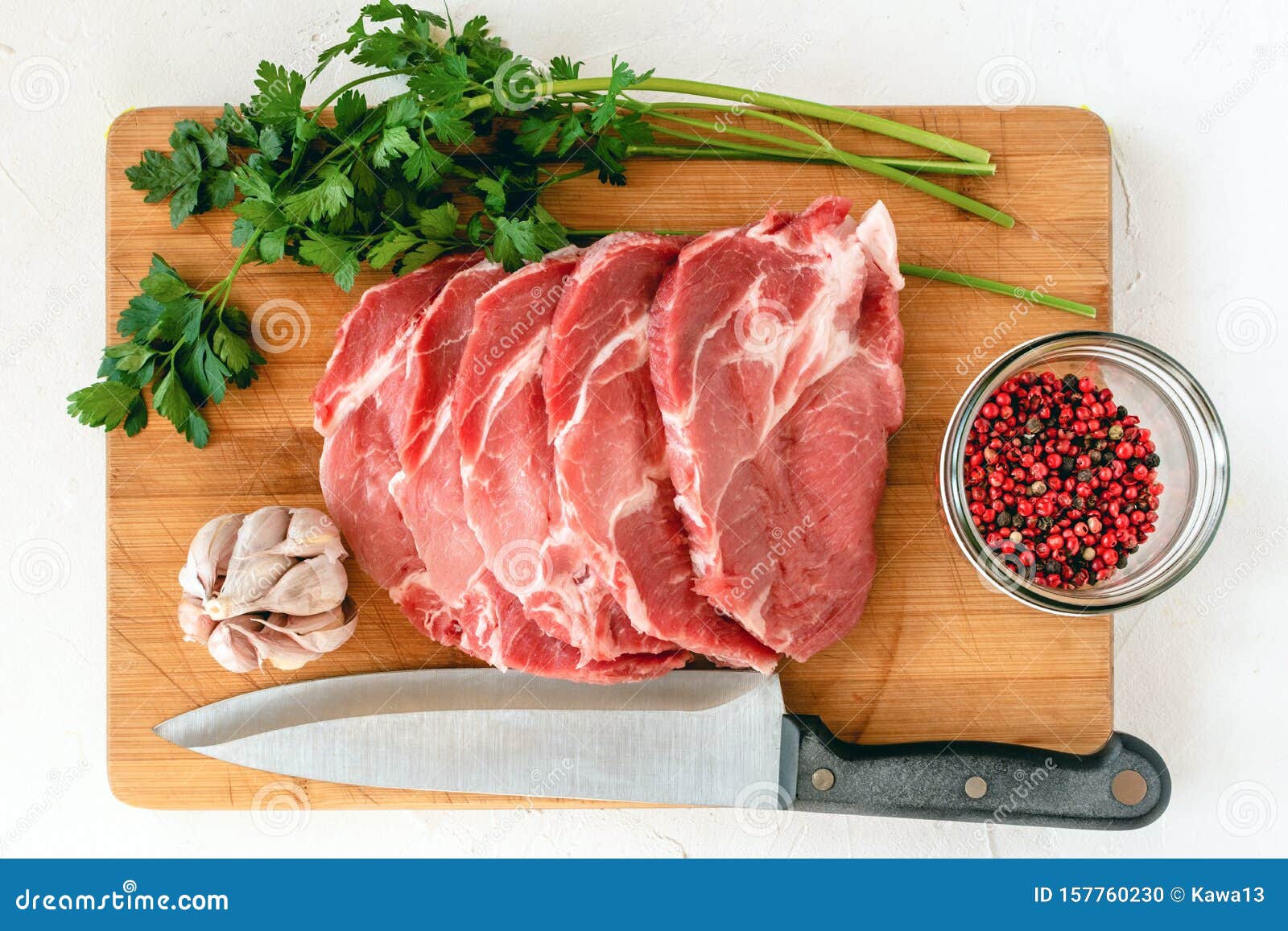 Raw pork neck meat cuts stock photo. Image of background - 157760230