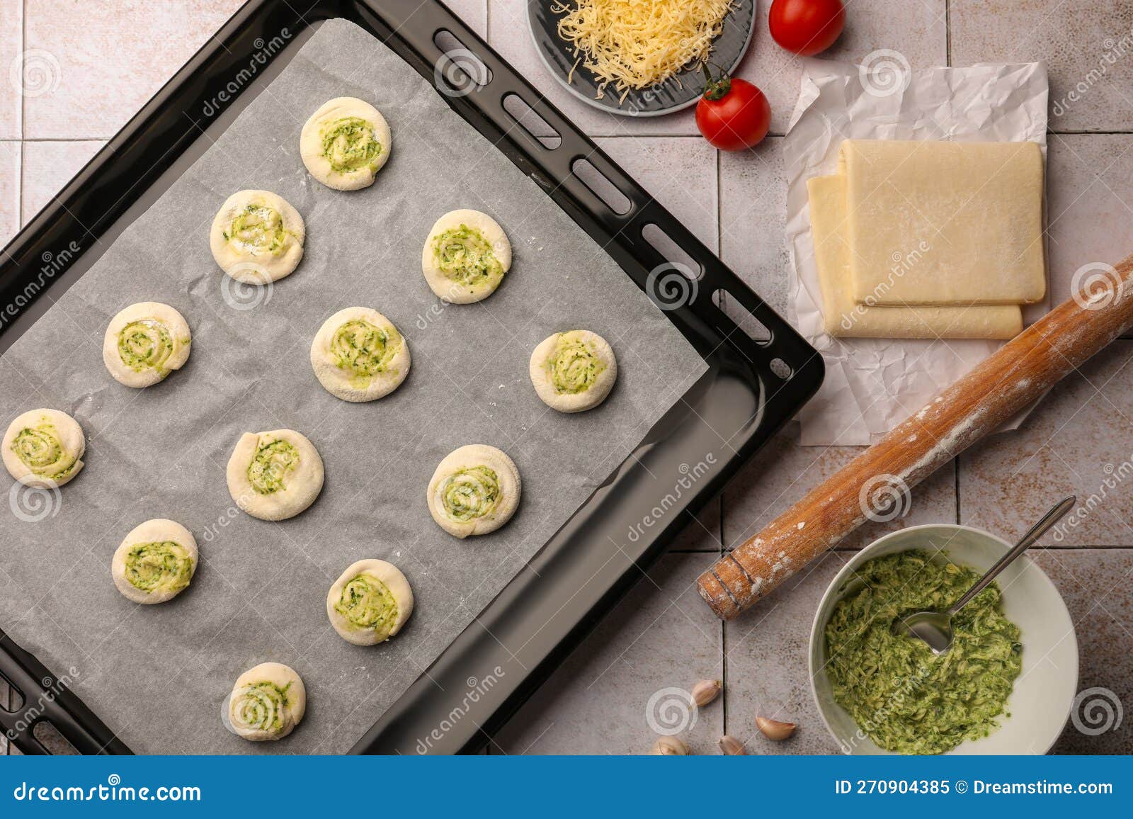 Raw Puff Pastry and Ingredients on Tiled Table Stock Image - Image of ...