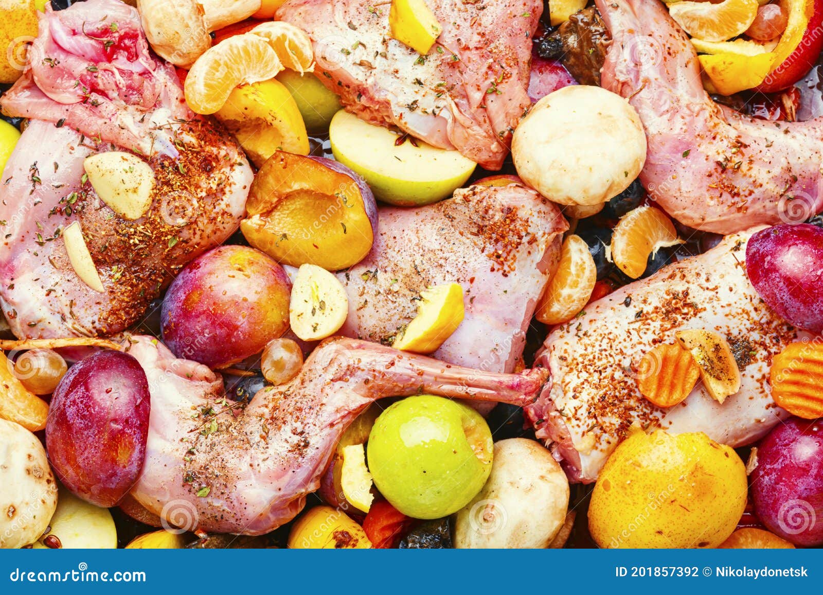 Raw rabbit meat stock photo. Image of apple, meat, animal - 201857392