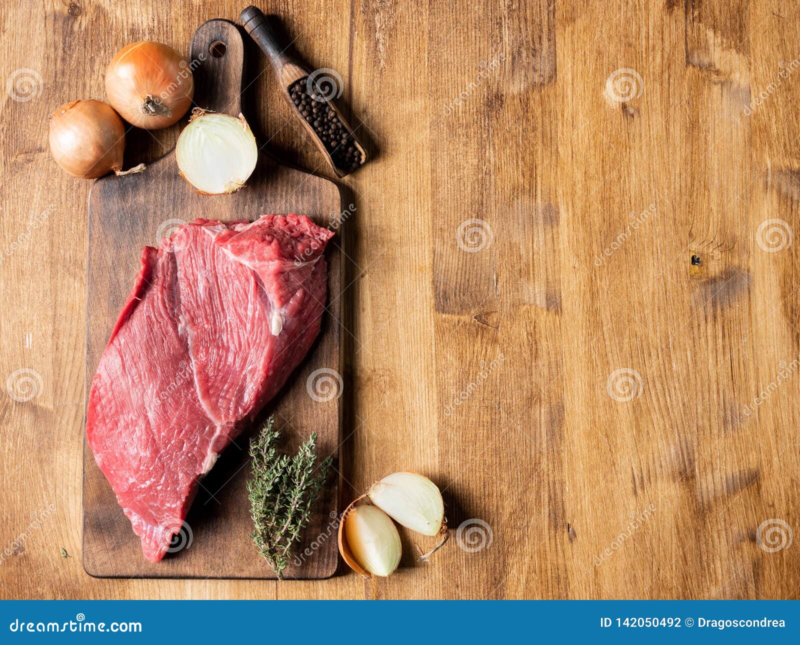 Raw Red Meat of Beef with Spices on Cutting Board Stock Photo - Image ...