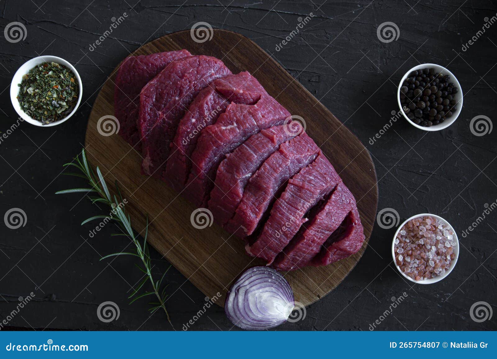 Raw Red Meat on Black Marble Textured Background Stock Image - Image of ...