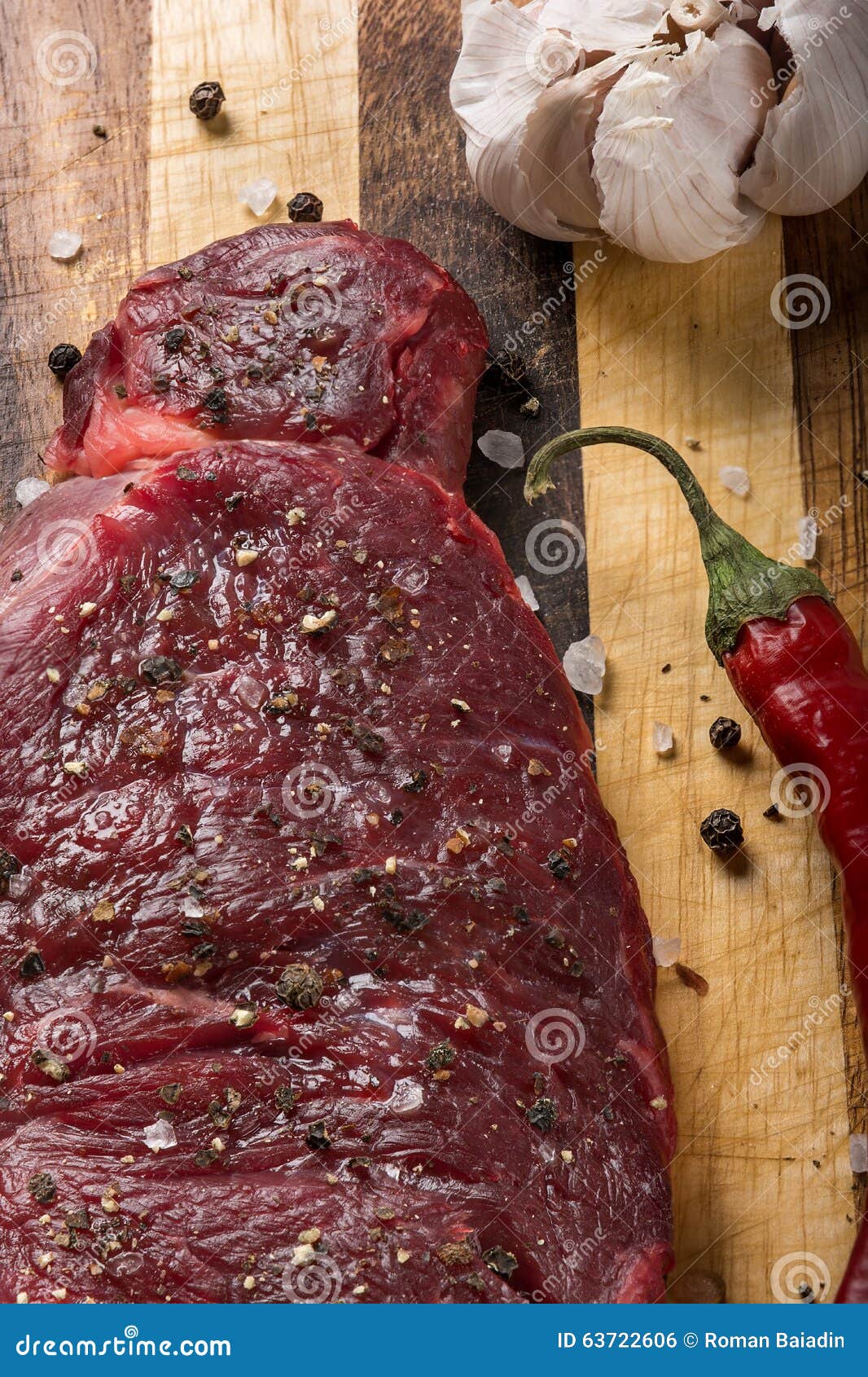 Raw Red Steak on Chopping Board Stock Photo - Image of vertical, pepper ...