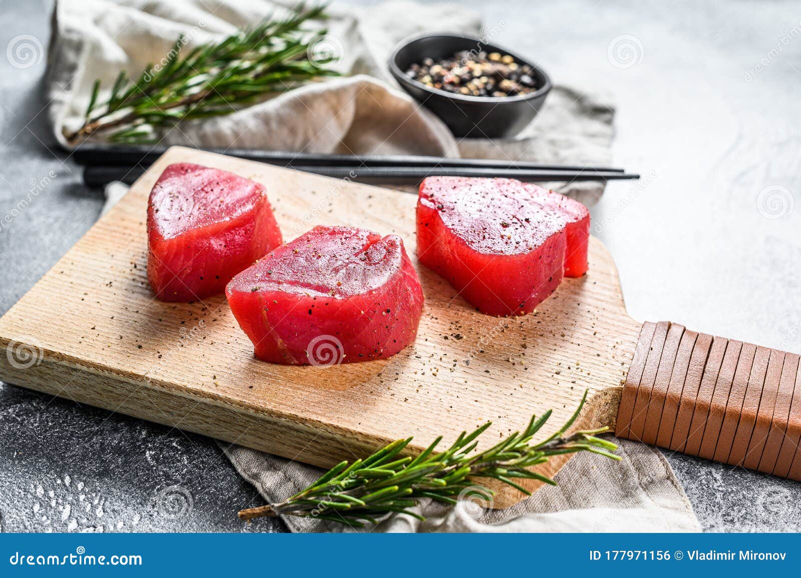 Raw Red Tuna Steak. Gray Background Stock Photo - Image of lunch, flank ...