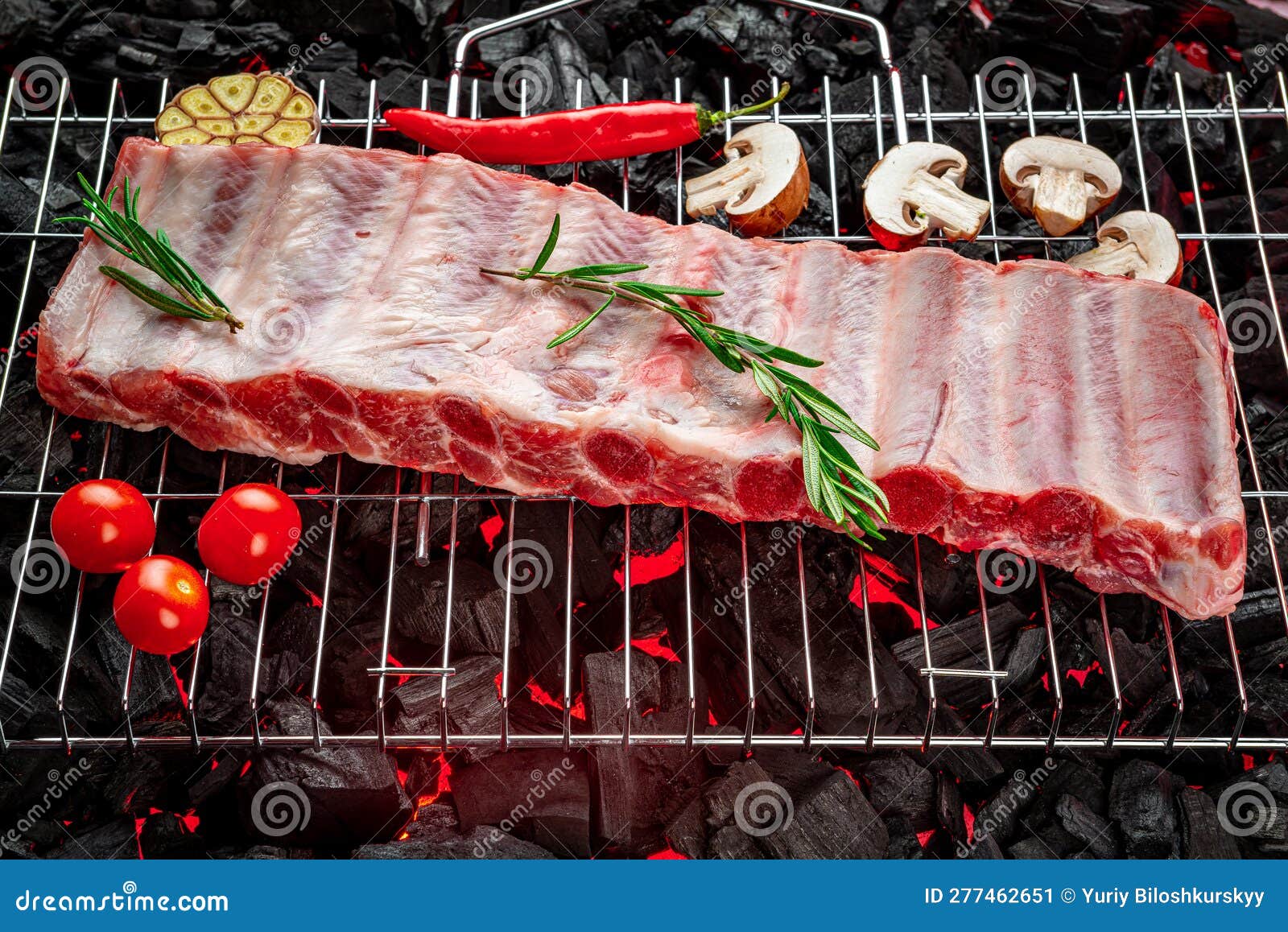 Raw Ribs on the Grill, Burning Coals on the Grill Stock Image - Image ...