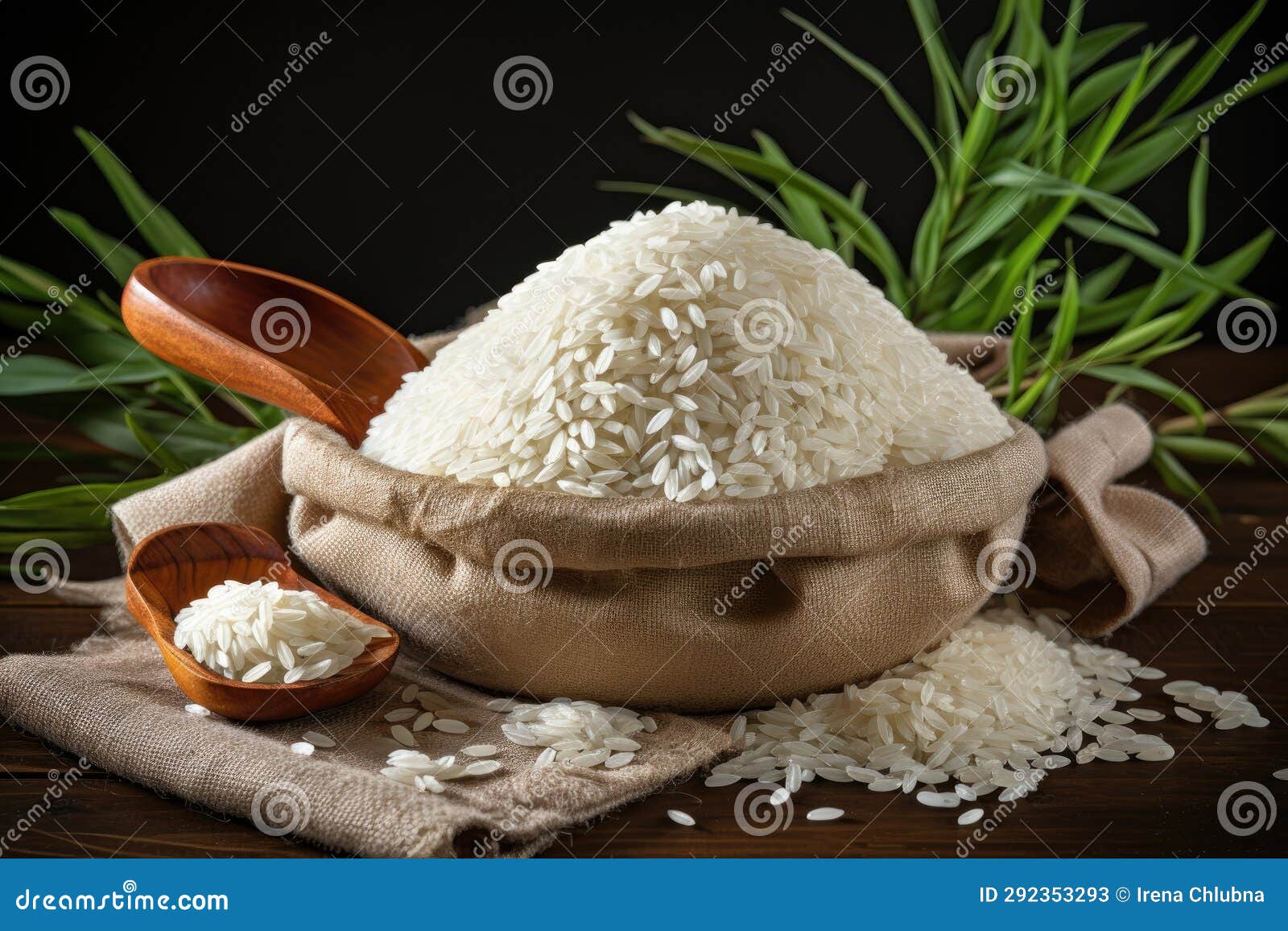 Raw Rice Grain and Dry Rice Plant on Wooden Table Stock Illustration ...