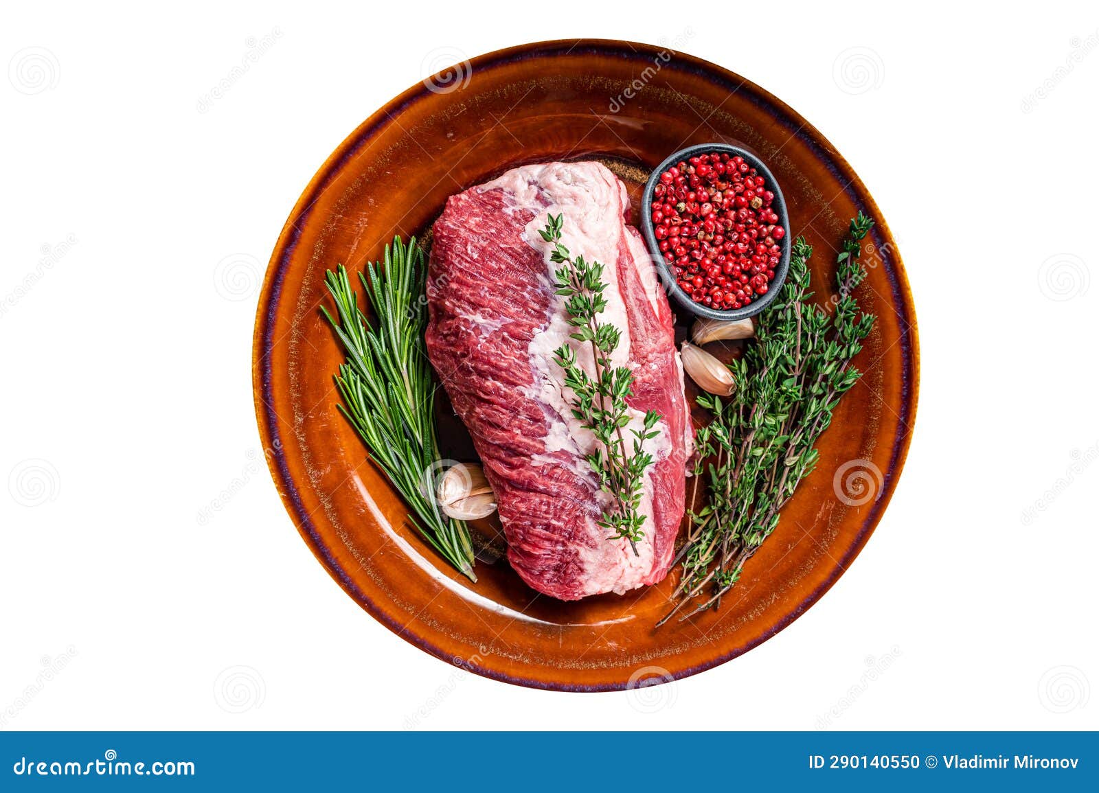 Raw Round Beef Meat Prime Cut for Roast on a Rustic Plate with Herbs ...