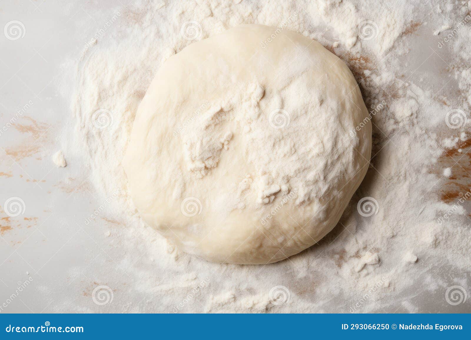 Raw Round-shaped Dough and Flour on Light Background, Top View Stock ...