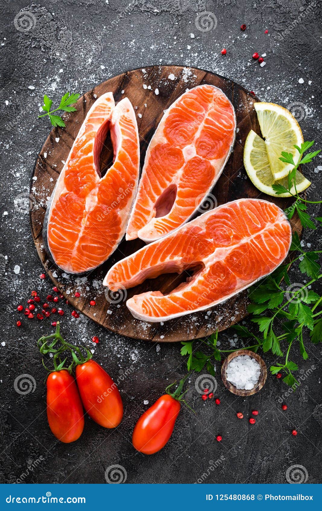 Raw Salmon Fish. Fresh Salmon Steaks Stock Photo - Image of black ...