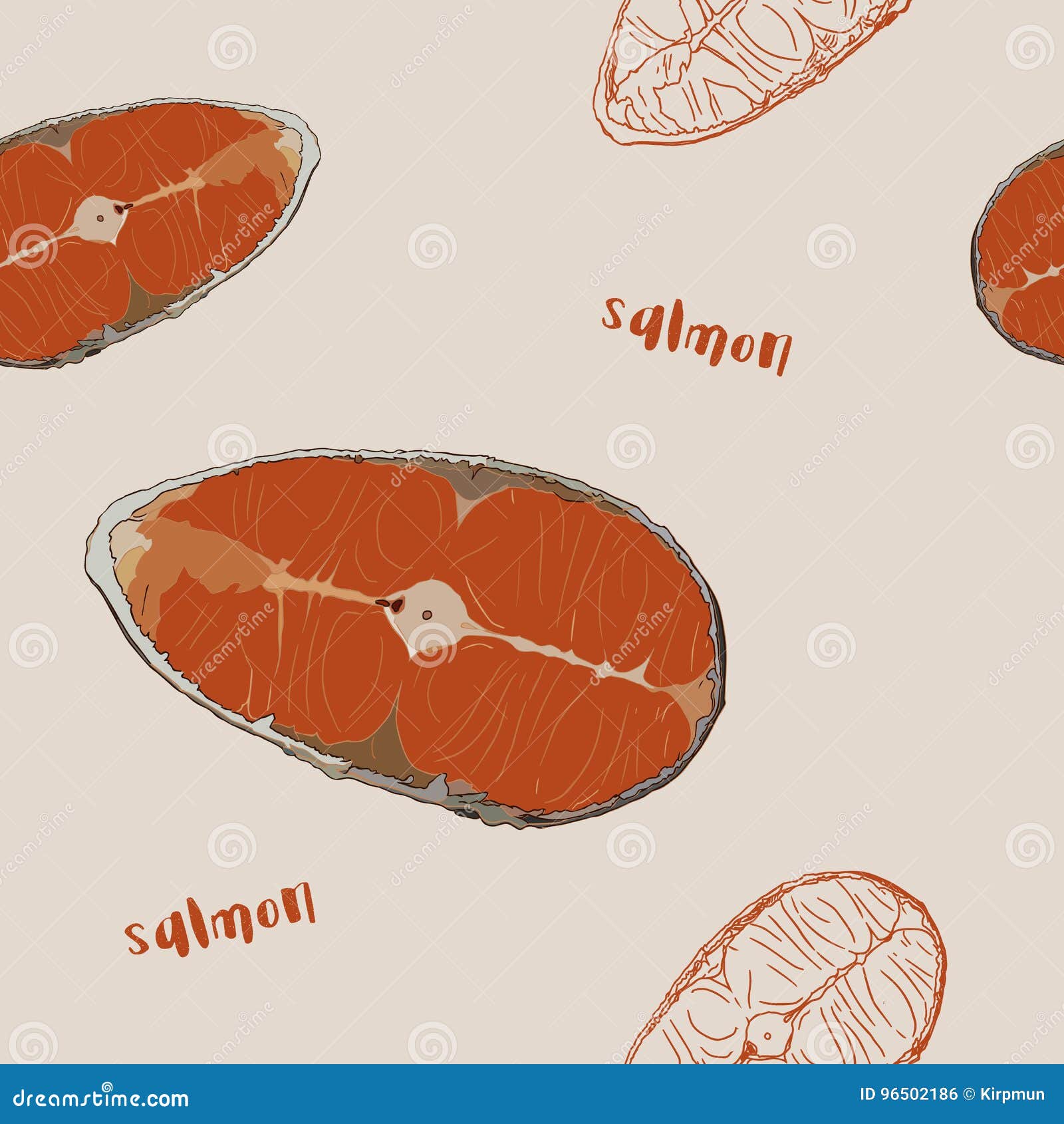 Raw Salmon Sliced , Hand Draw Seamless Pattern Sketch Vector. Stock ...