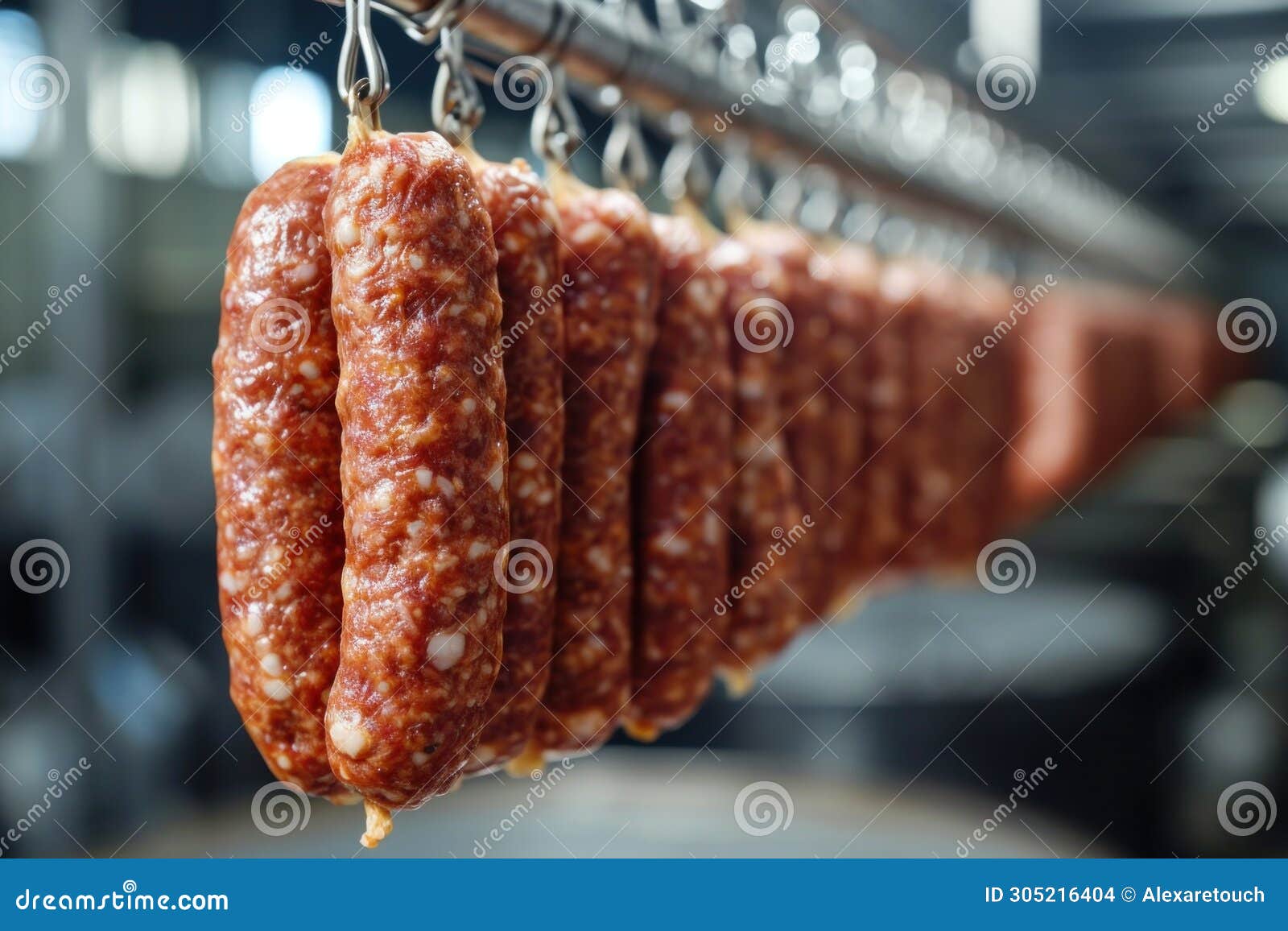 Sausages Hanging in Production Line Stock Photo - Image of pork ...
