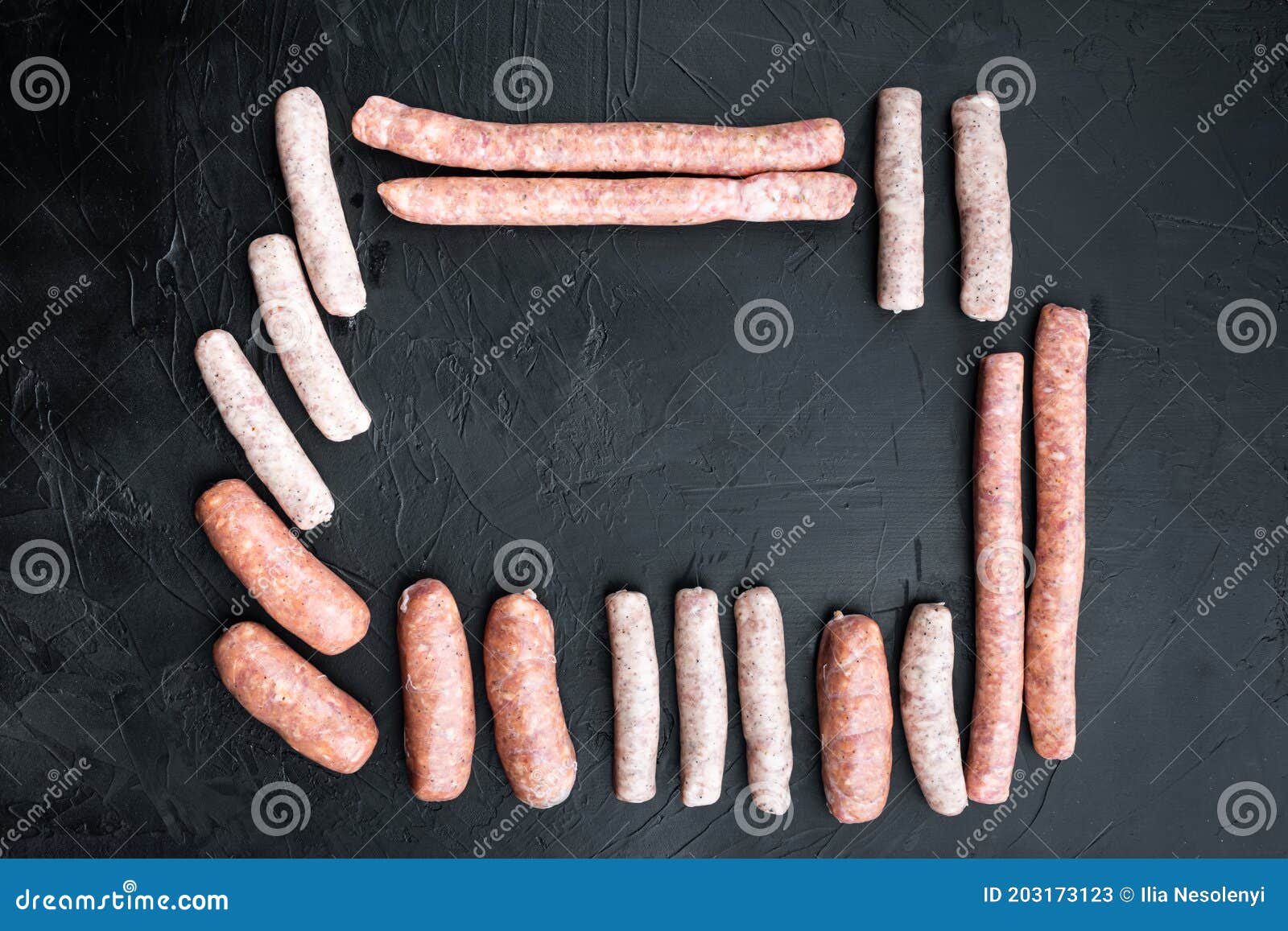 Raw Sausages, Frame Concept, Top View with Space for Text, on Black ...