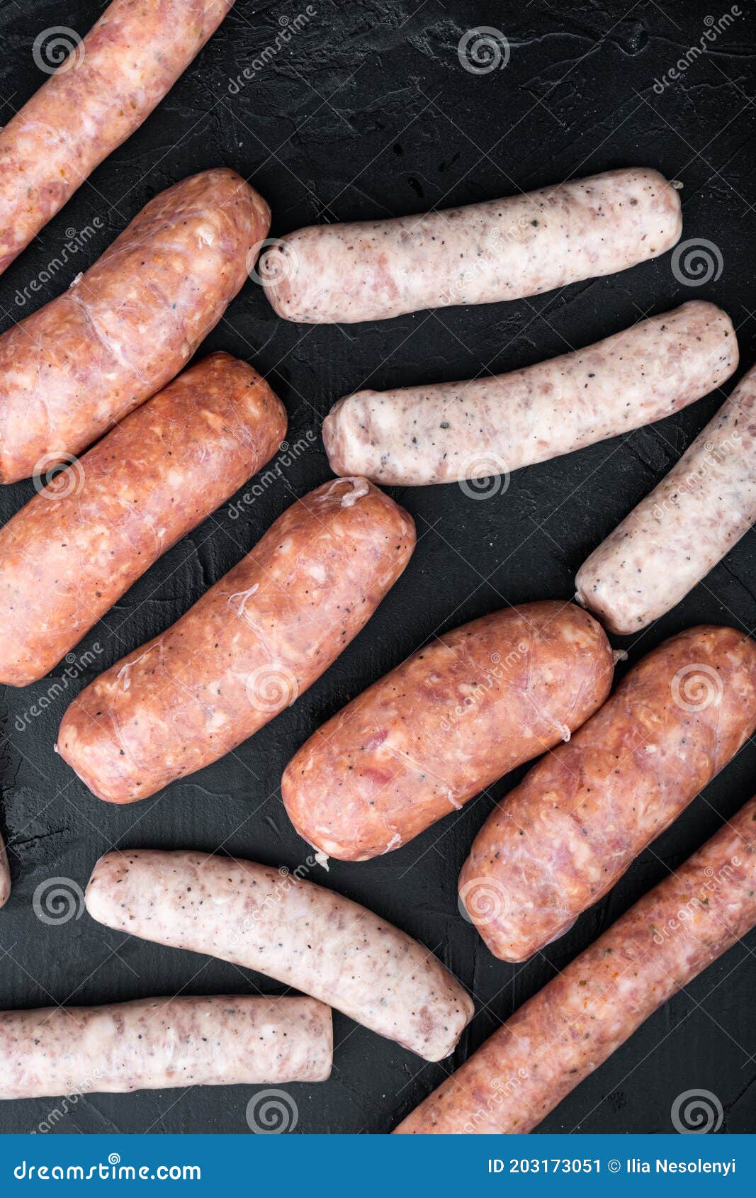 Raw Sausages, Top View, on Black Background Stock Image - Image of ...