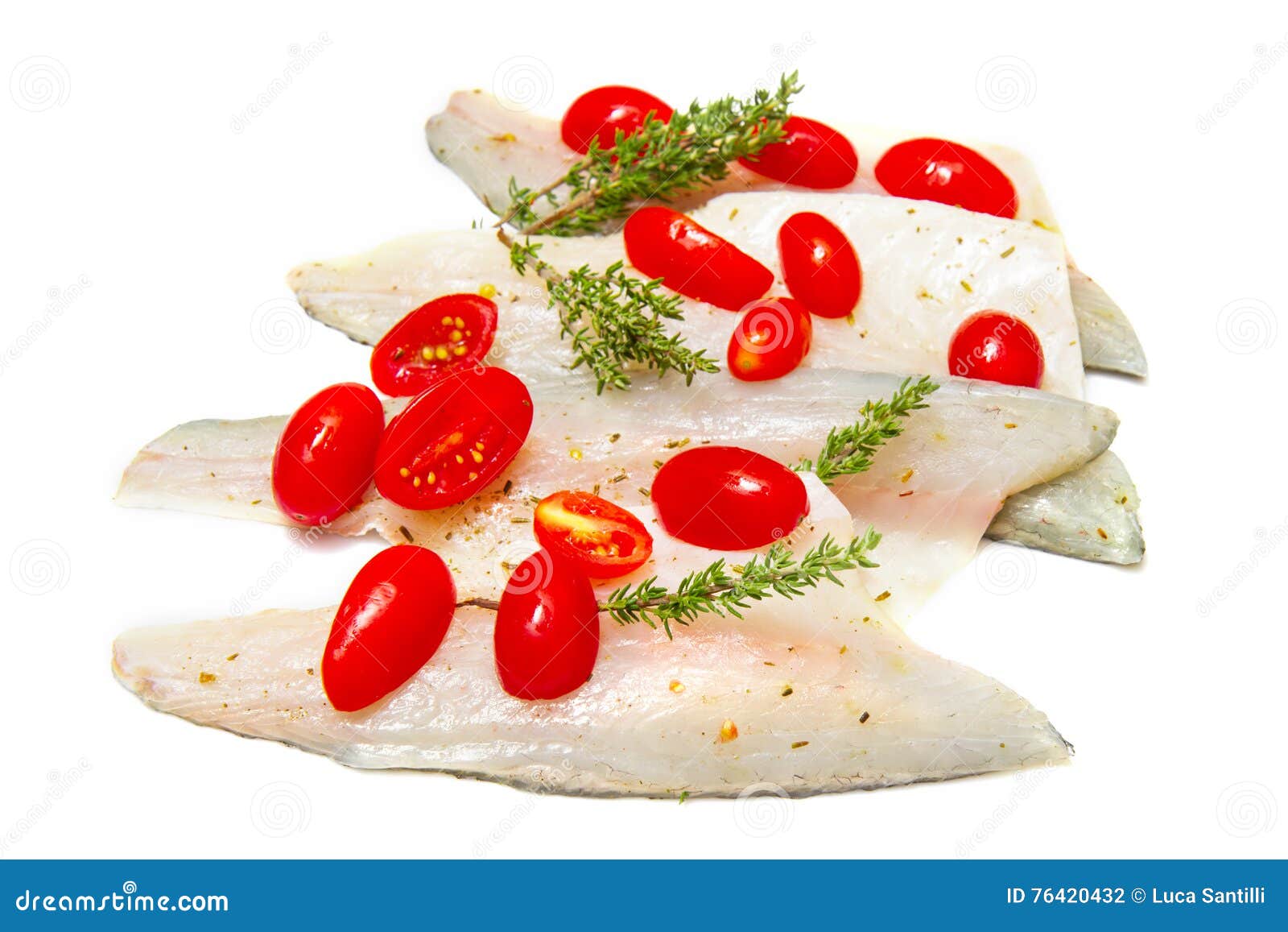 Raw Sea Bass Fillets with Cherry Tomatoes on White Stock Photo - Image ...