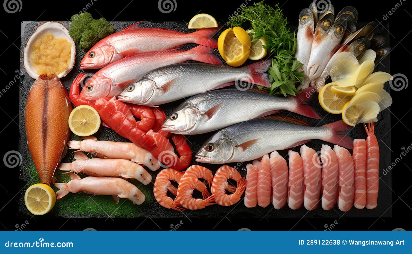 Raw Seafood Including Fish, Fish Fillets and Shrimp Generative AI Stock ...
