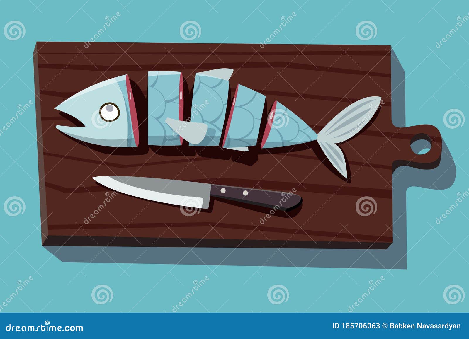 Raw sliced fish and knife stock vector. Illustration of preparation ...