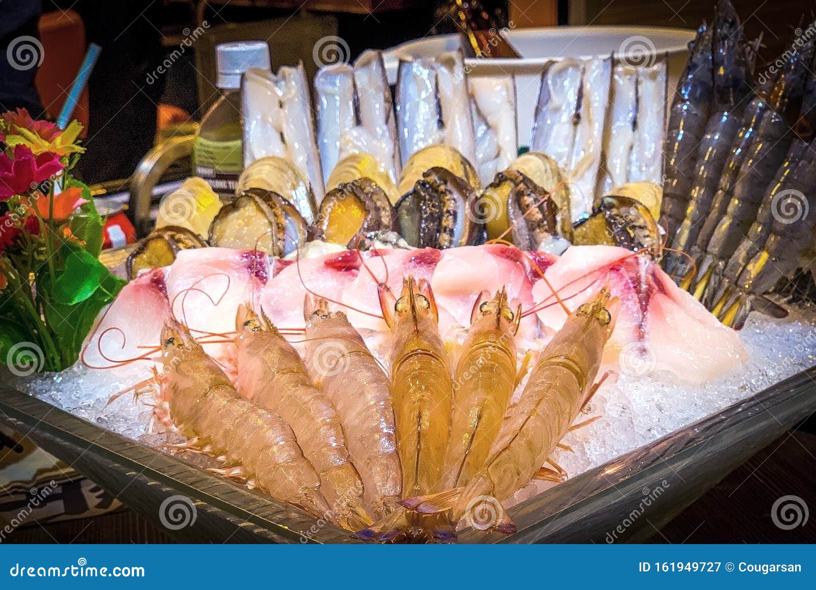 Raw Solenidae, Prawns, Abalone Seafood in Restaurant Stock Image ...