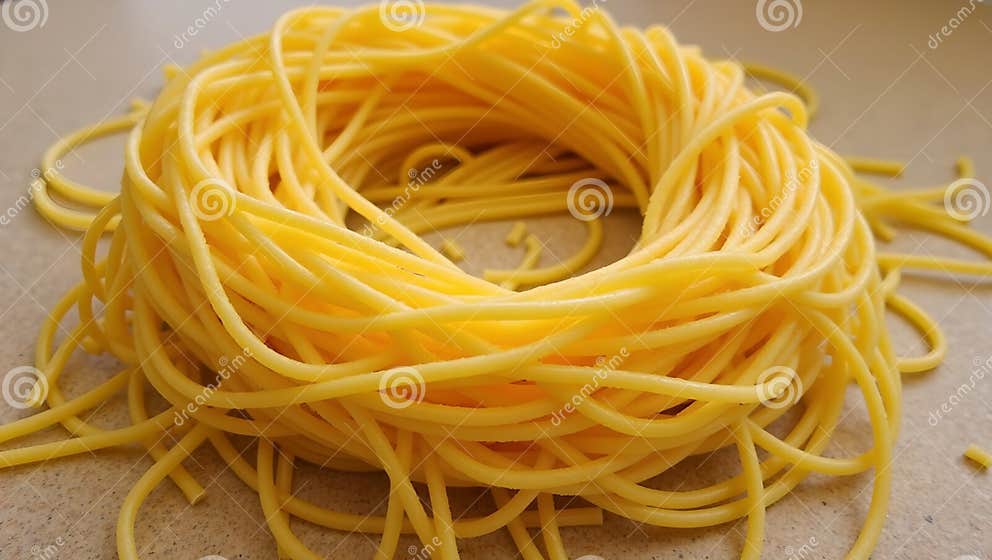 Raw Spaghetti Noodles in a Tight Loop on Kitchen Counter Stock ...
