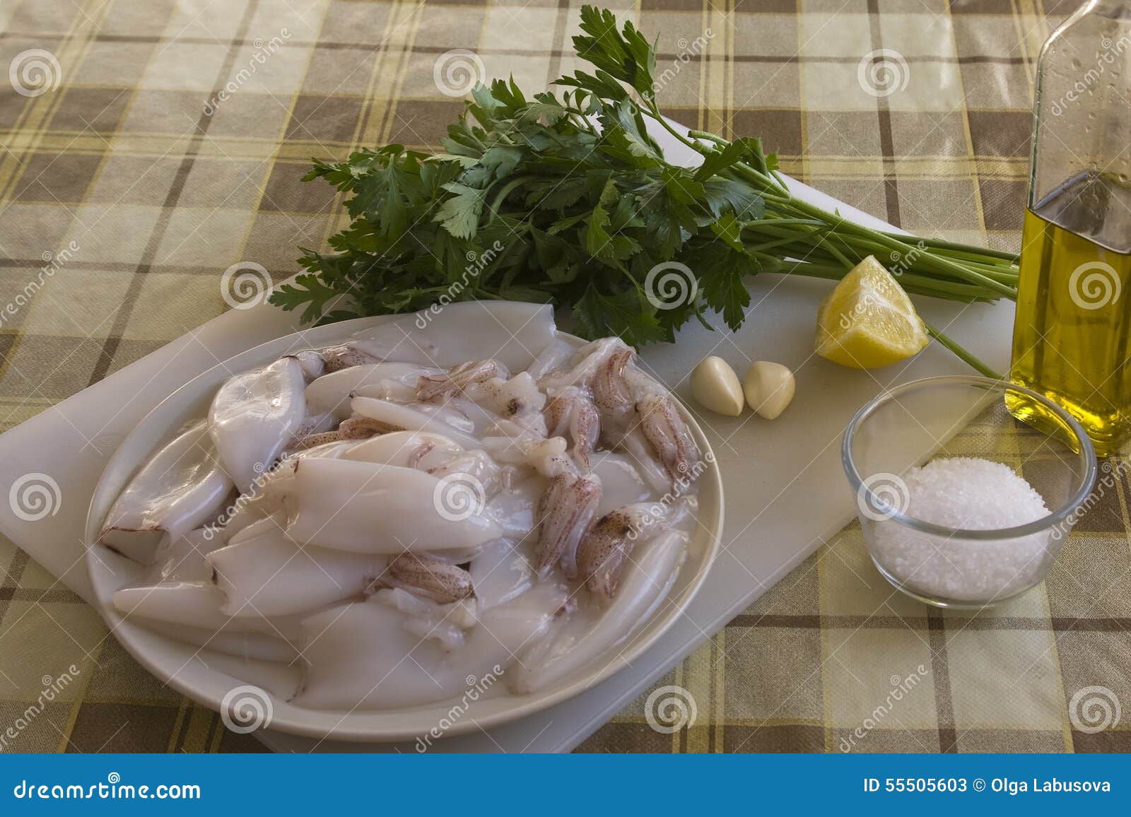 Raw Squid on a Plate for Cooking Seafood Stock Image - Image of group ...