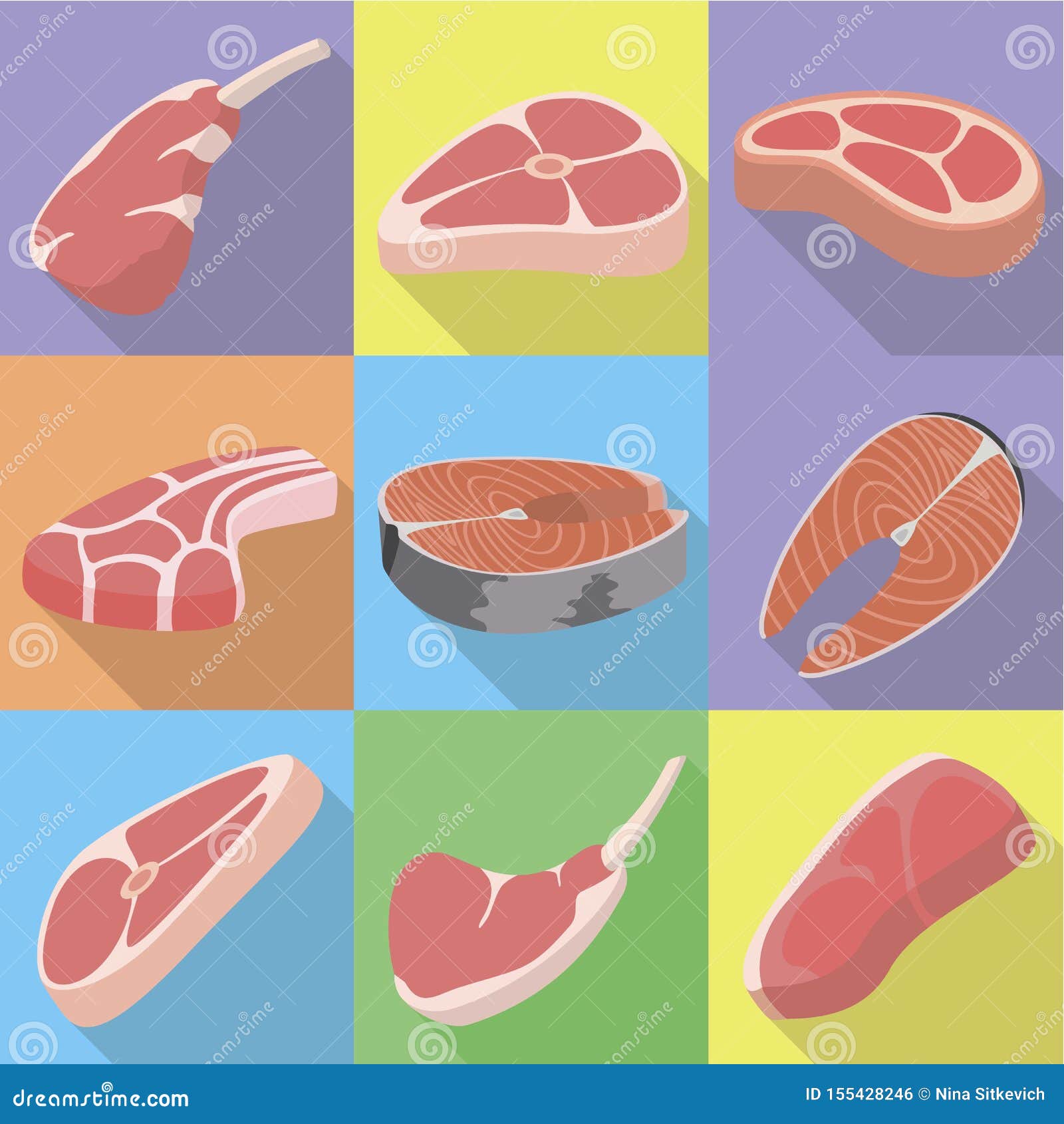 Raw Steak Icon Set, Flat Style Stock Vector - Illustration of dinner ...