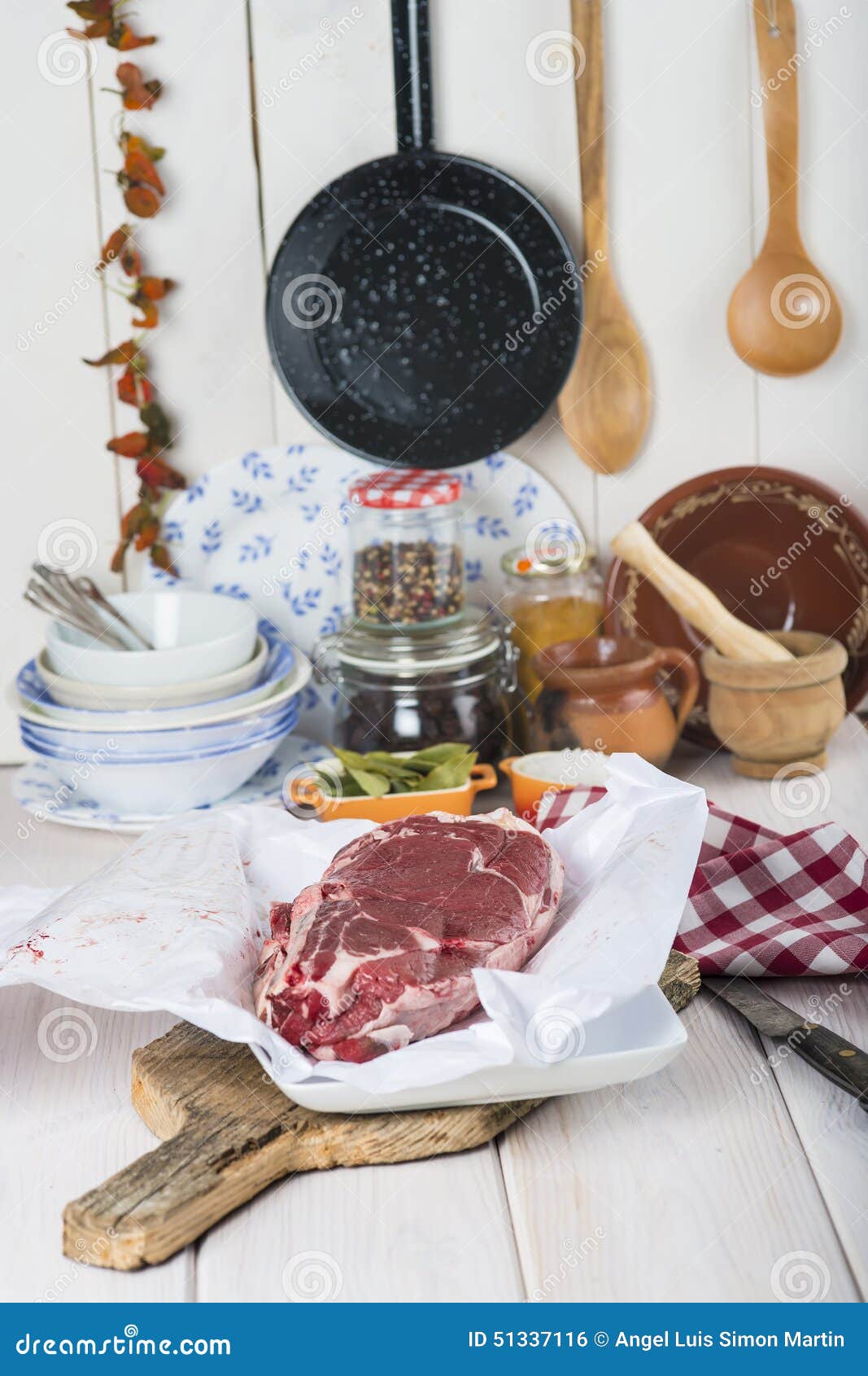 Raw Steaks on the Kitchen Table Stock Photo - Image of food ...