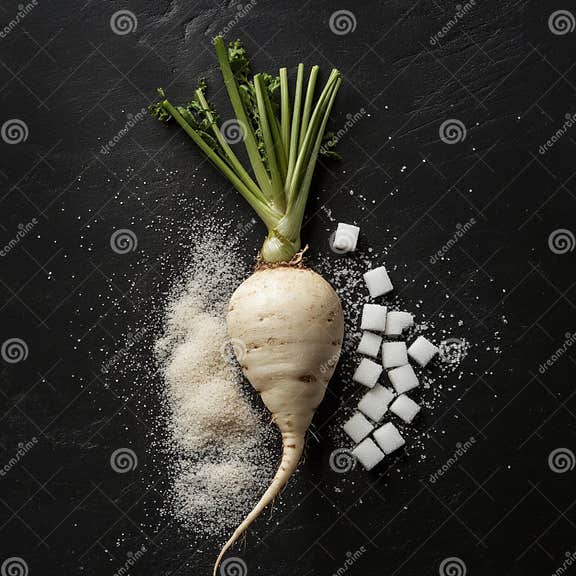 Raw Sugar Beet with Granulated and Cube Sugar on Black Background Stock ...