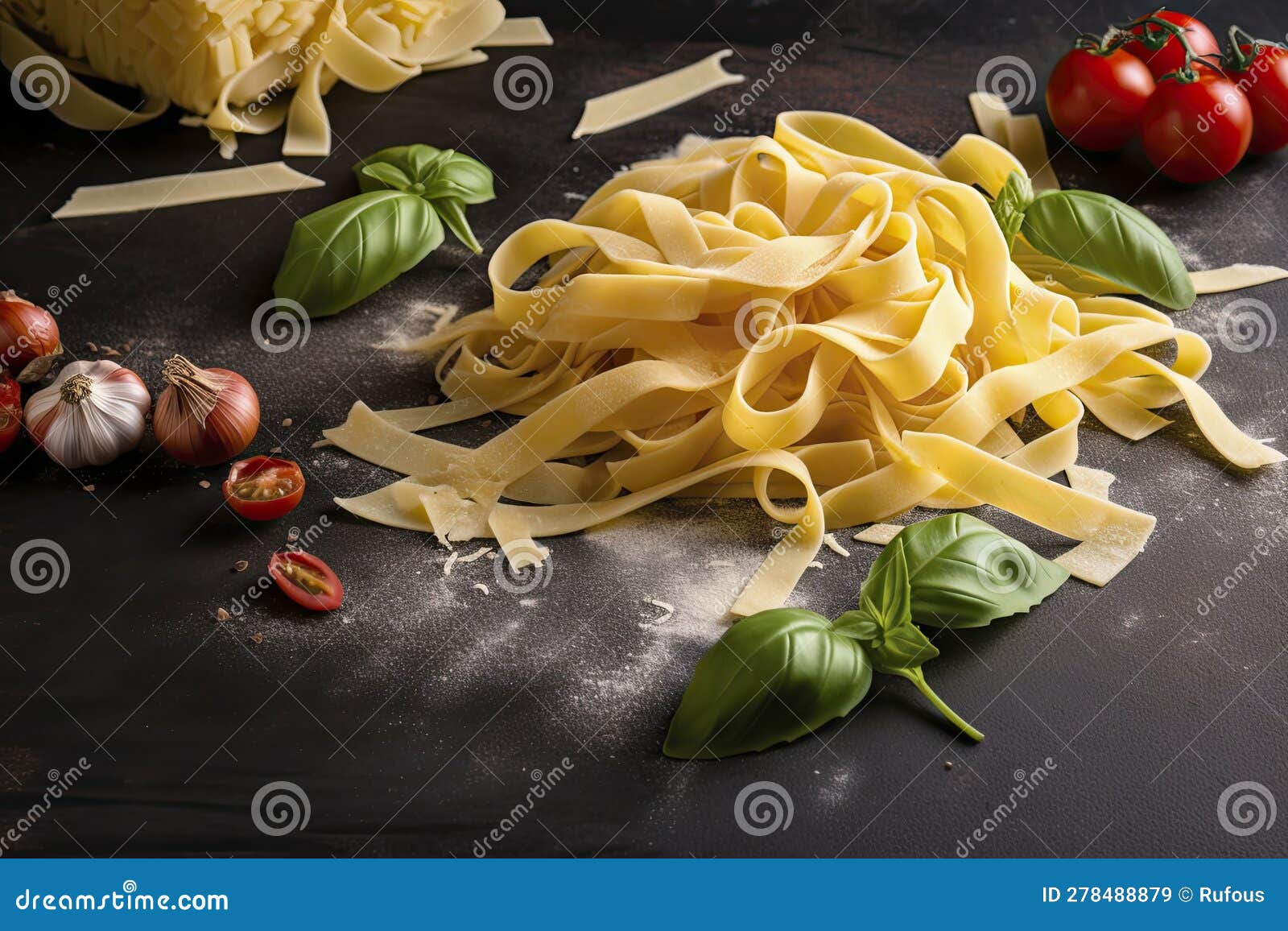 Raw Tagliatelle Pasta with Ingredients for Cooking Stock Illustration ...