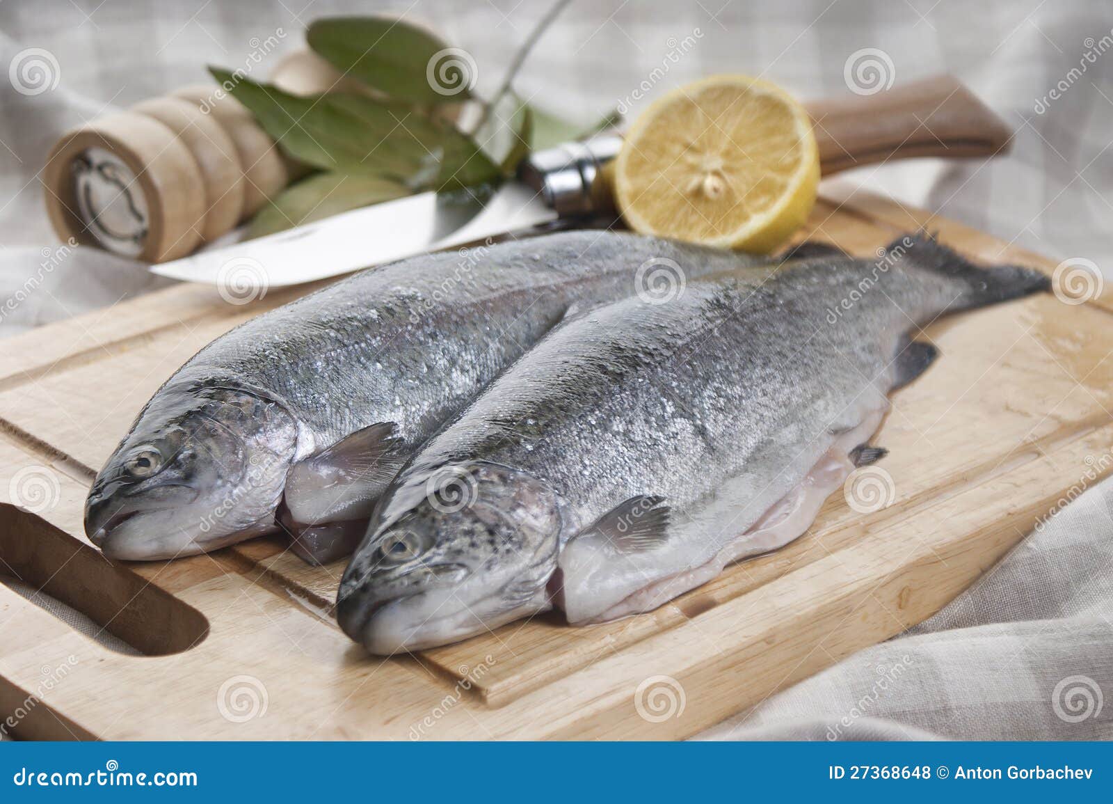 Raw trout stock photo. Image of knife, leaf, wooden, produce - 27368648