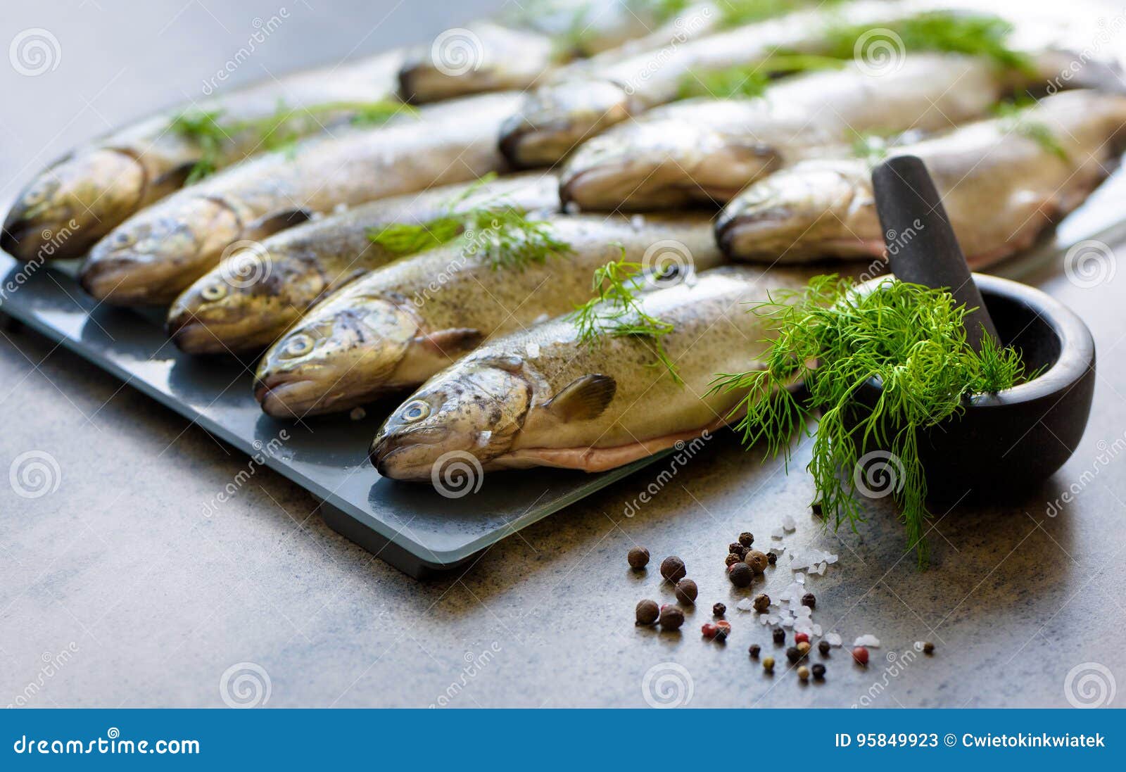 Raw Trout with Herbs on a Board Stock Image - Image of rainbow, fish ...