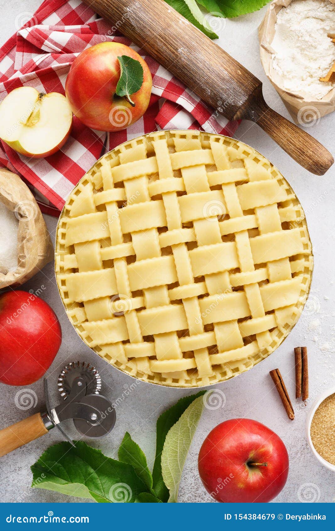 Raw Unbaked Apple Pie with Tools and Ingredients for Cooking Stock ...