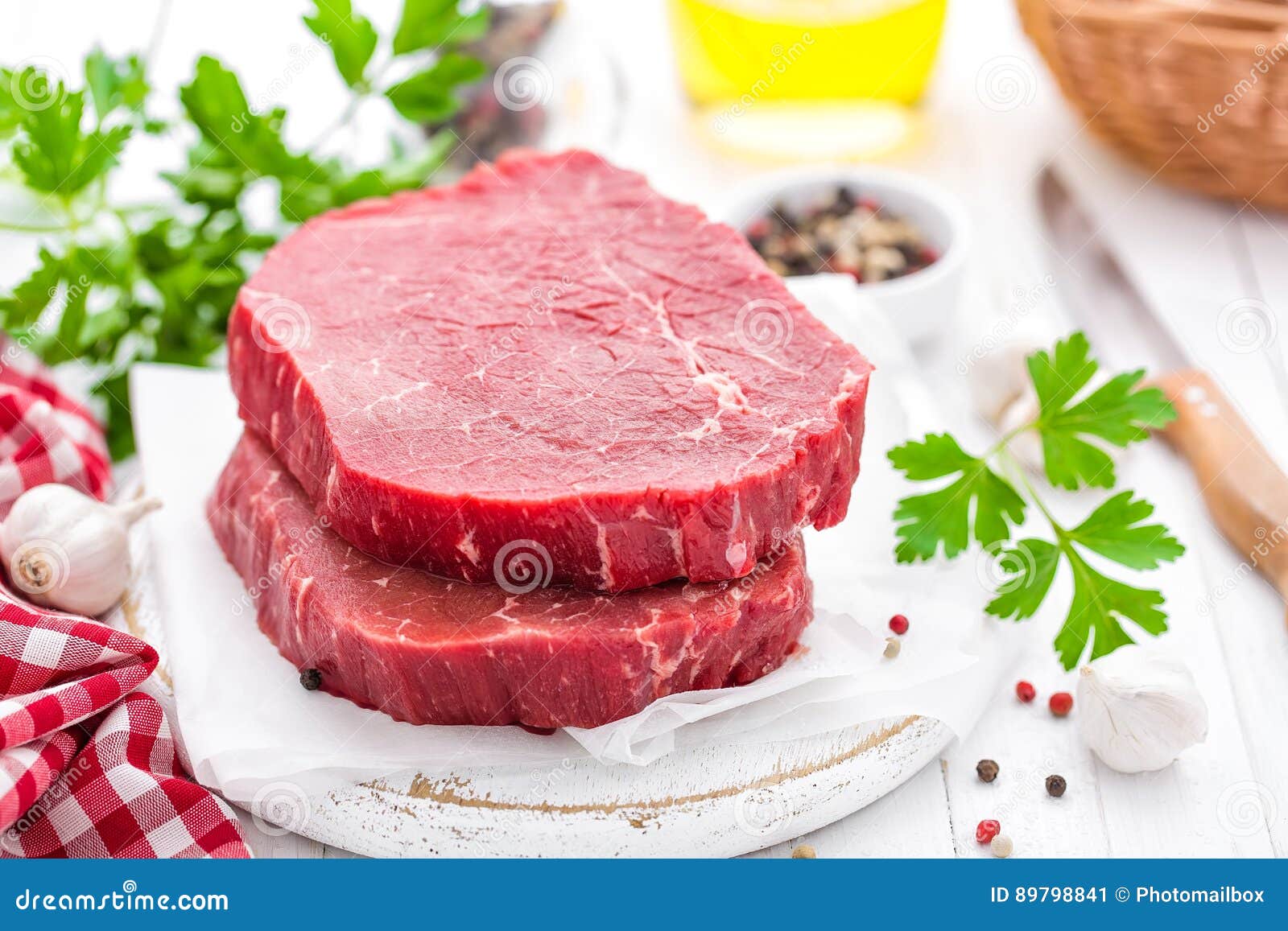 Raw, Uncooked Beef Meat Steaks on White Wooden Background Stock Image ...